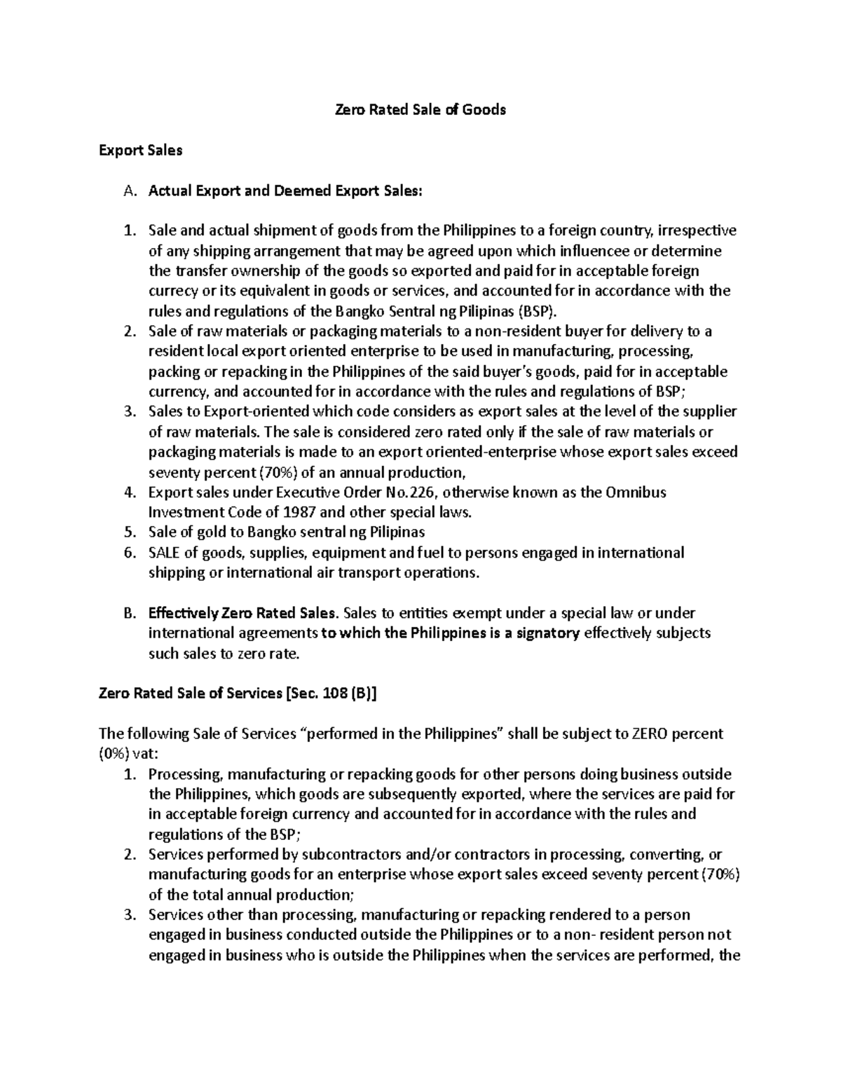 Zero Rated Sale of Goods - Zero Rated Sale of Goods Export Sales A ...