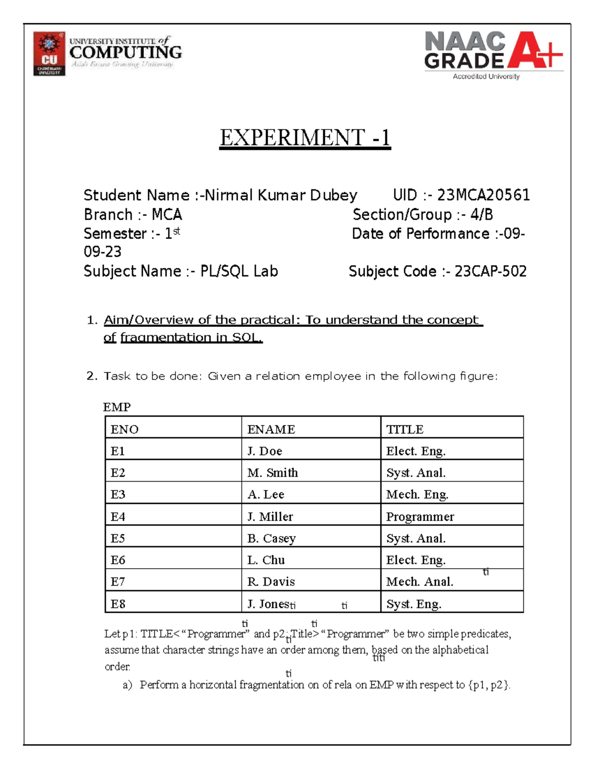 Worksheet 1 mca - EXPERIMENT - Student Name :-Nirmal Kumar Dubey UID :- 23MCA Branch :- MCA ...