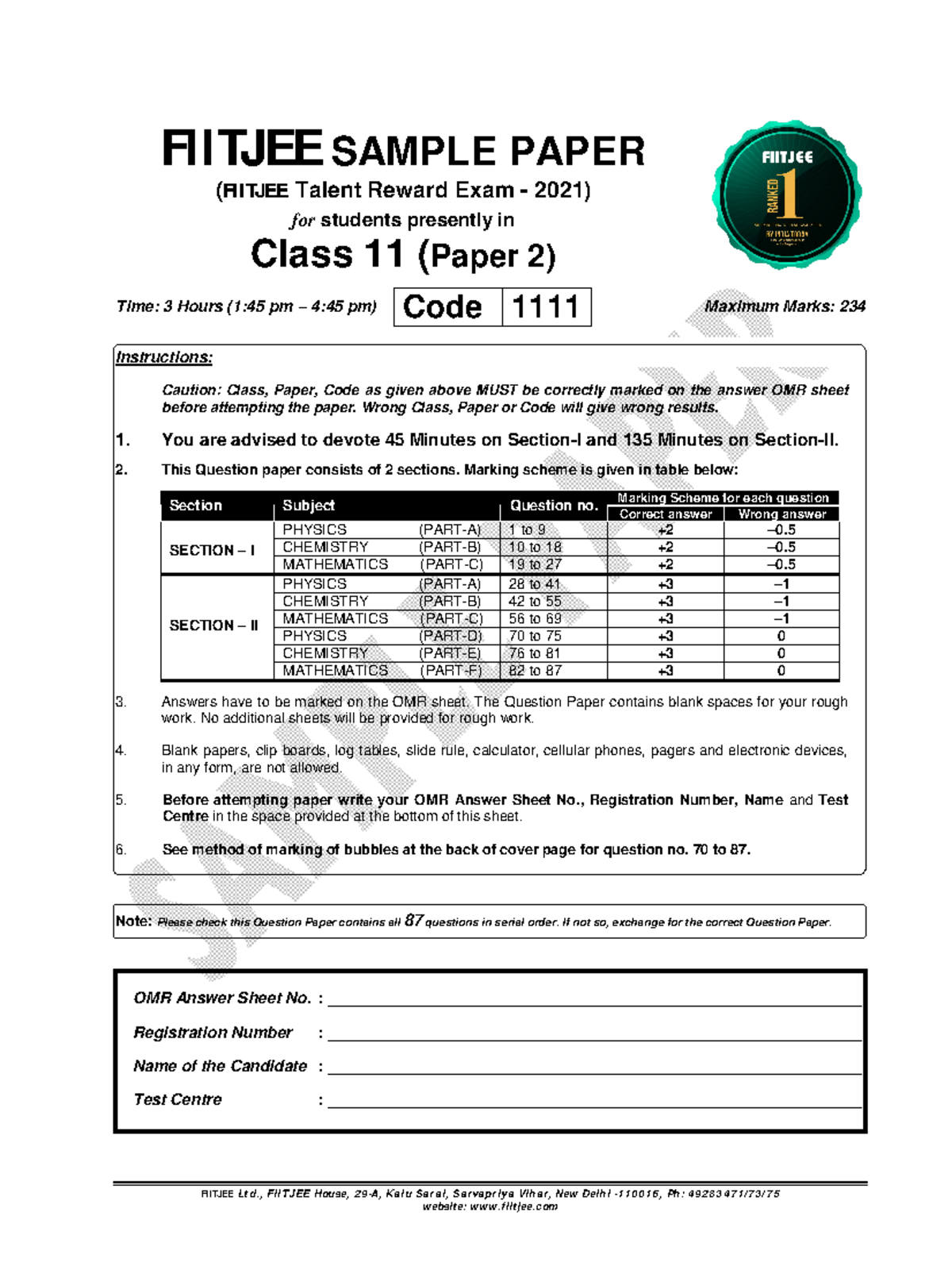 FTRE Sample Paper Class 11th Paper 2 - FIITJEE Ltd., FIITJEE House, 29-A, Kalu Sarai, Sarvapriya ...