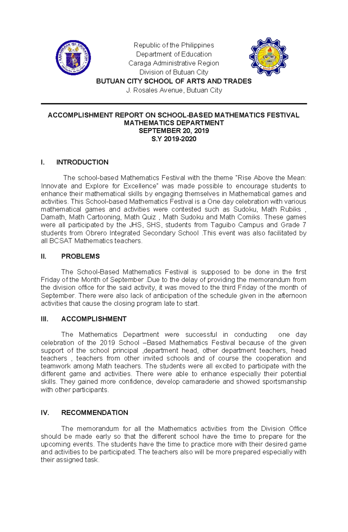 Accomplishment Report ON School- Based Mathematics Festival - Republic ...