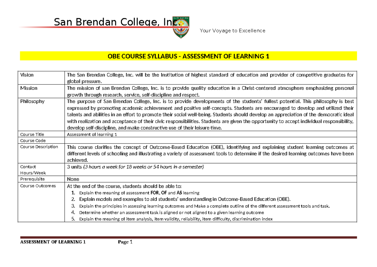 Assessment of Learning 1 - Your Voyage to Excellence OBE COURSE ...