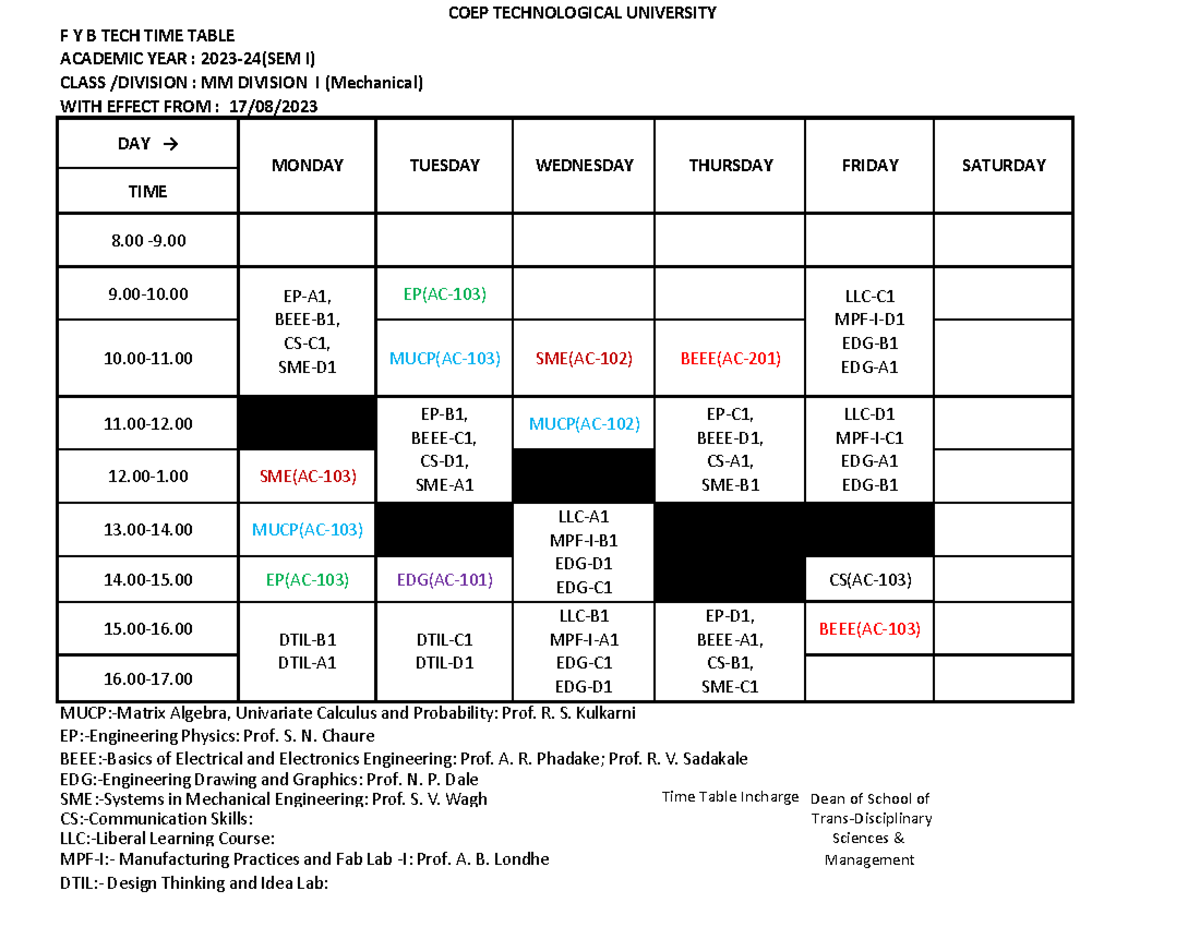 Fybtech TT 2023-24 odd sem Updated on 1st SEPT-1-11 - F Y B TECH TIME ...