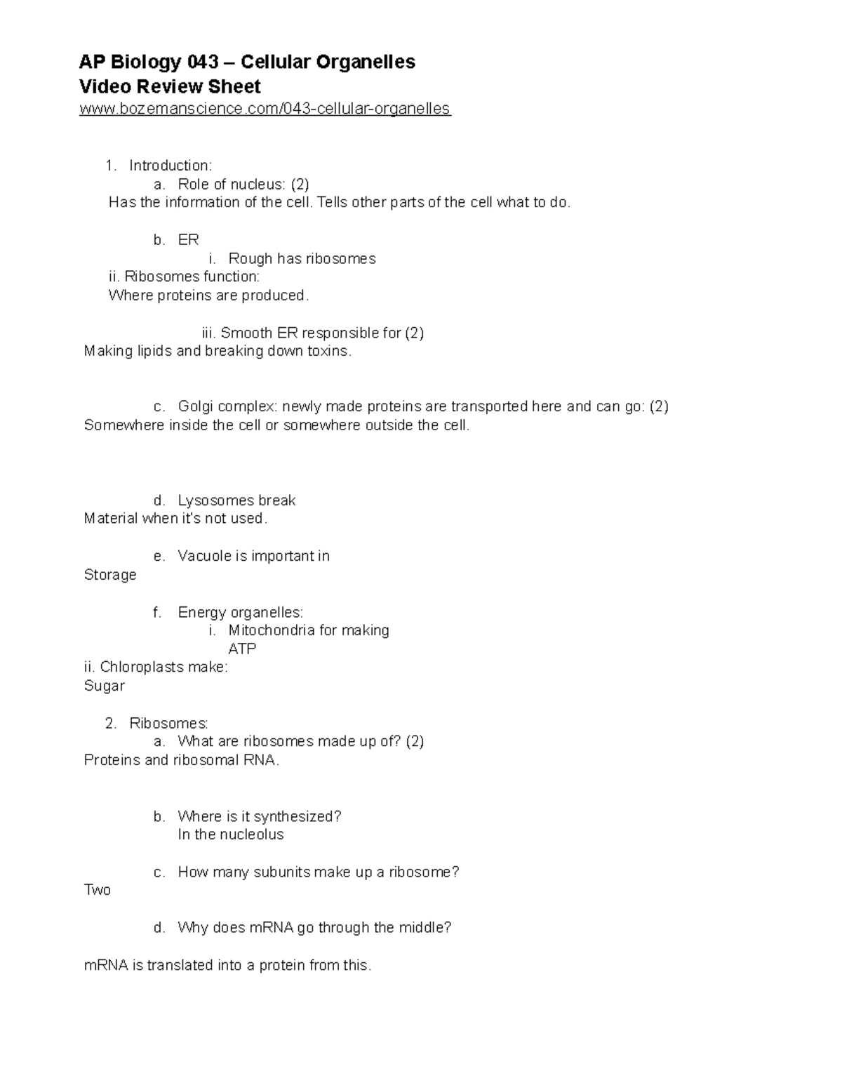 2.1 Organelle Video Worksheet - AP Biology 043 – Cellular Organelles ...