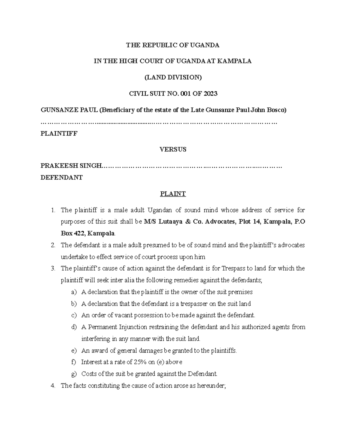 Plaint CL workshop-1 - THE REPUBLIC OF UGANDA IN THE HIGH COURT OF ...