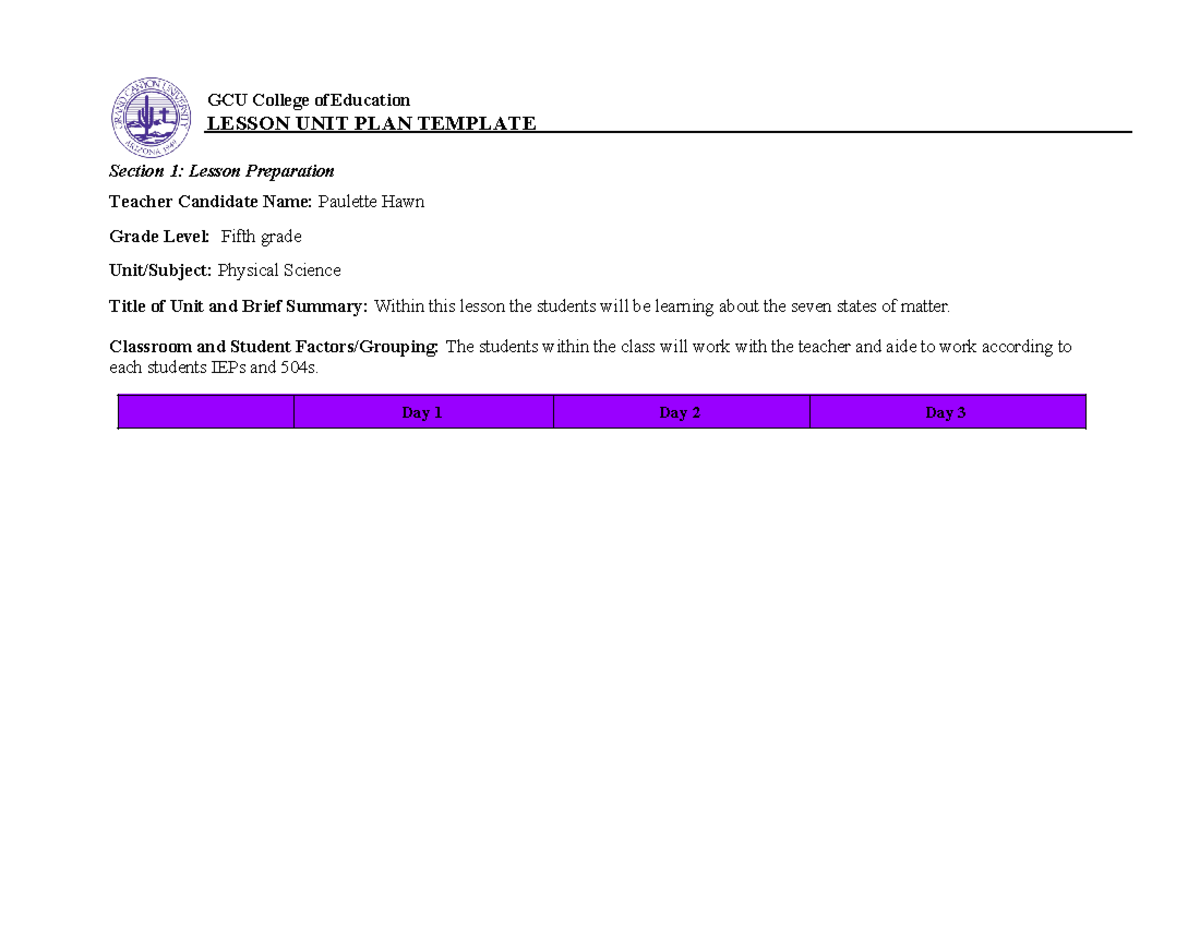 week 7 Benchmark - Science:Health Unit Plan - Section 1: Lesson ...