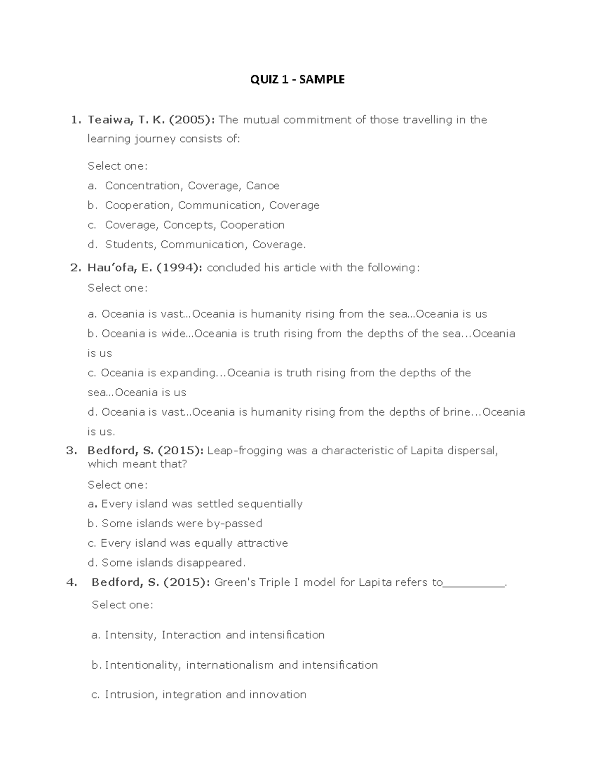 Unit 1 Quiz Sample - Cool - QUIZ 1 - SAMPLE 1. Teaiwa, T. K. (2005 ...