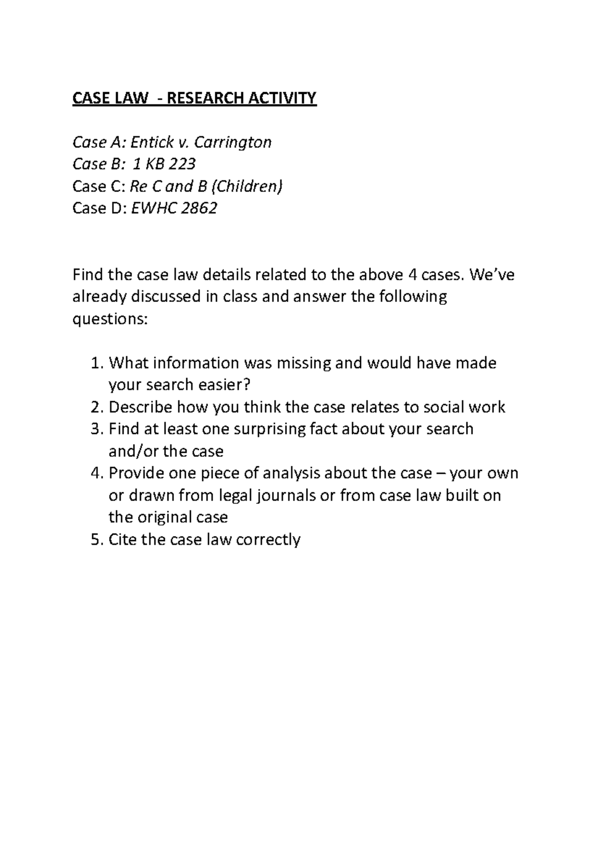 CASE LAW Research Activity - CASE LAW - RESEARCH ACTIVITY Case A ...