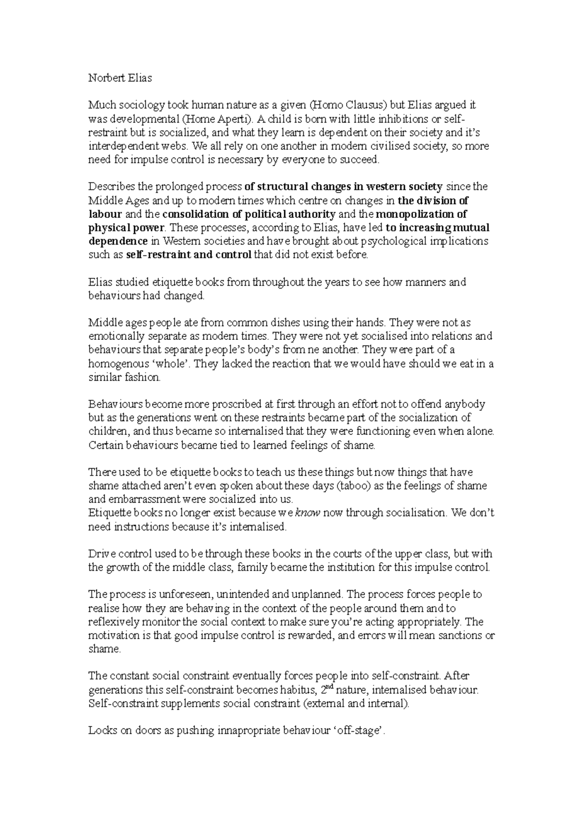 Norbert Elias/Civilising Process notes - Norbert Elias Much sociology ...