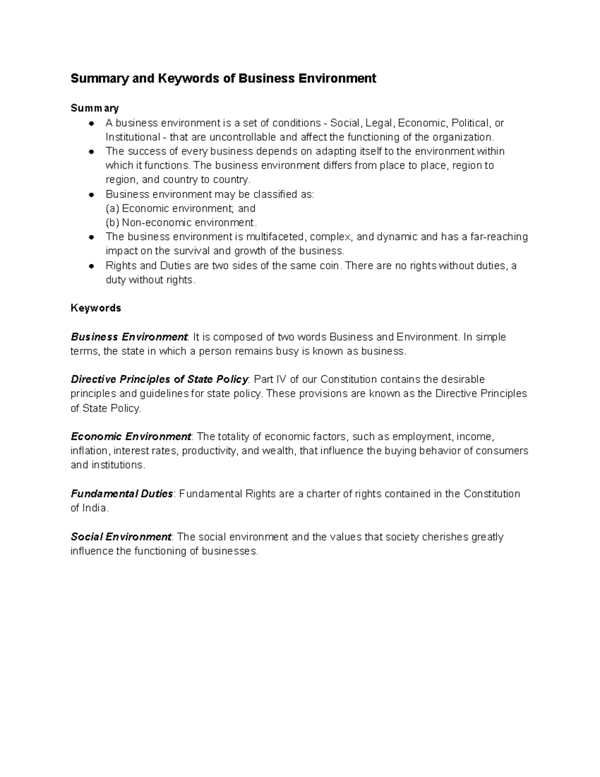 Summary and Keywords of Business Environment - Summary and Keywords of ...