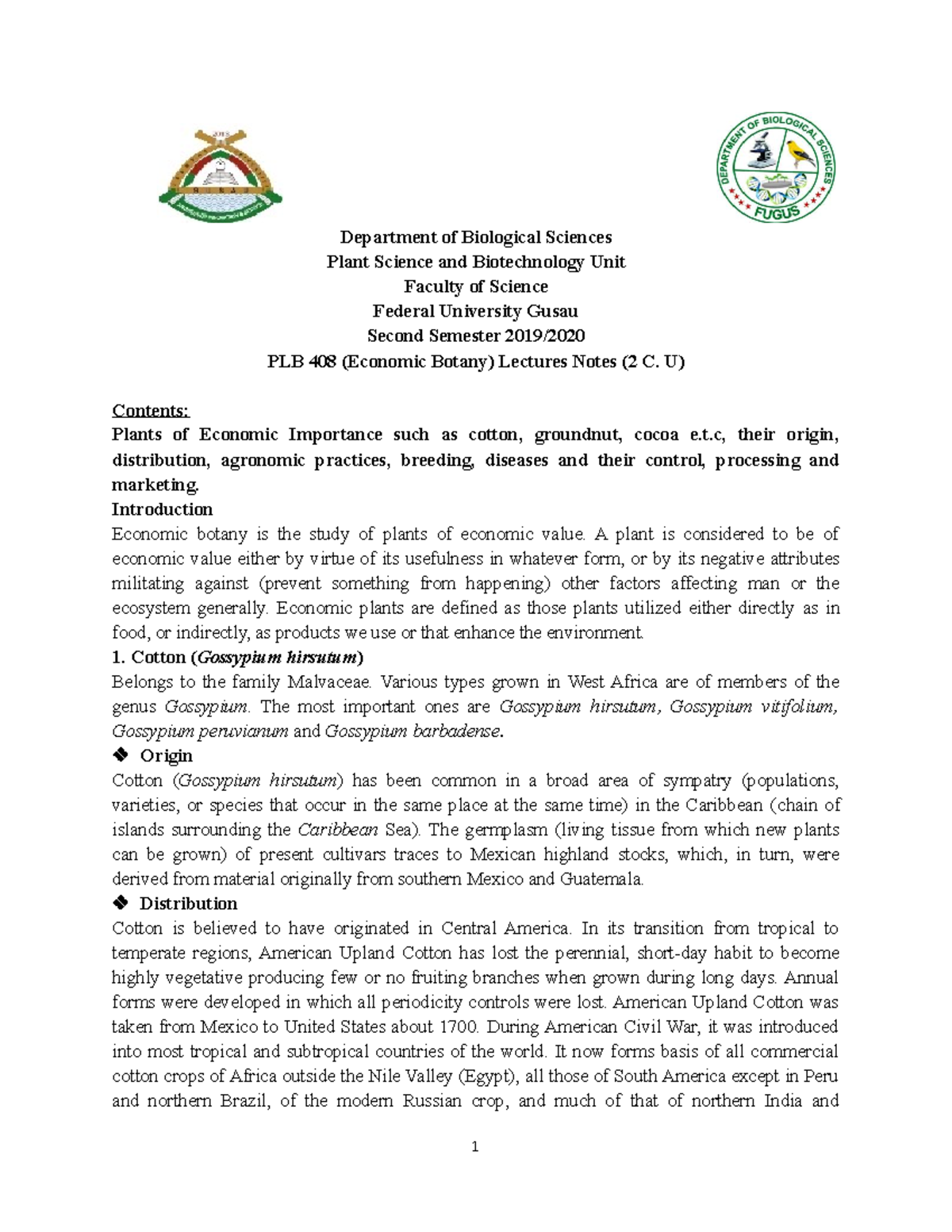 PLB 408 (Economic Botany) Lectures Notes - U) Contents: Plants of ...