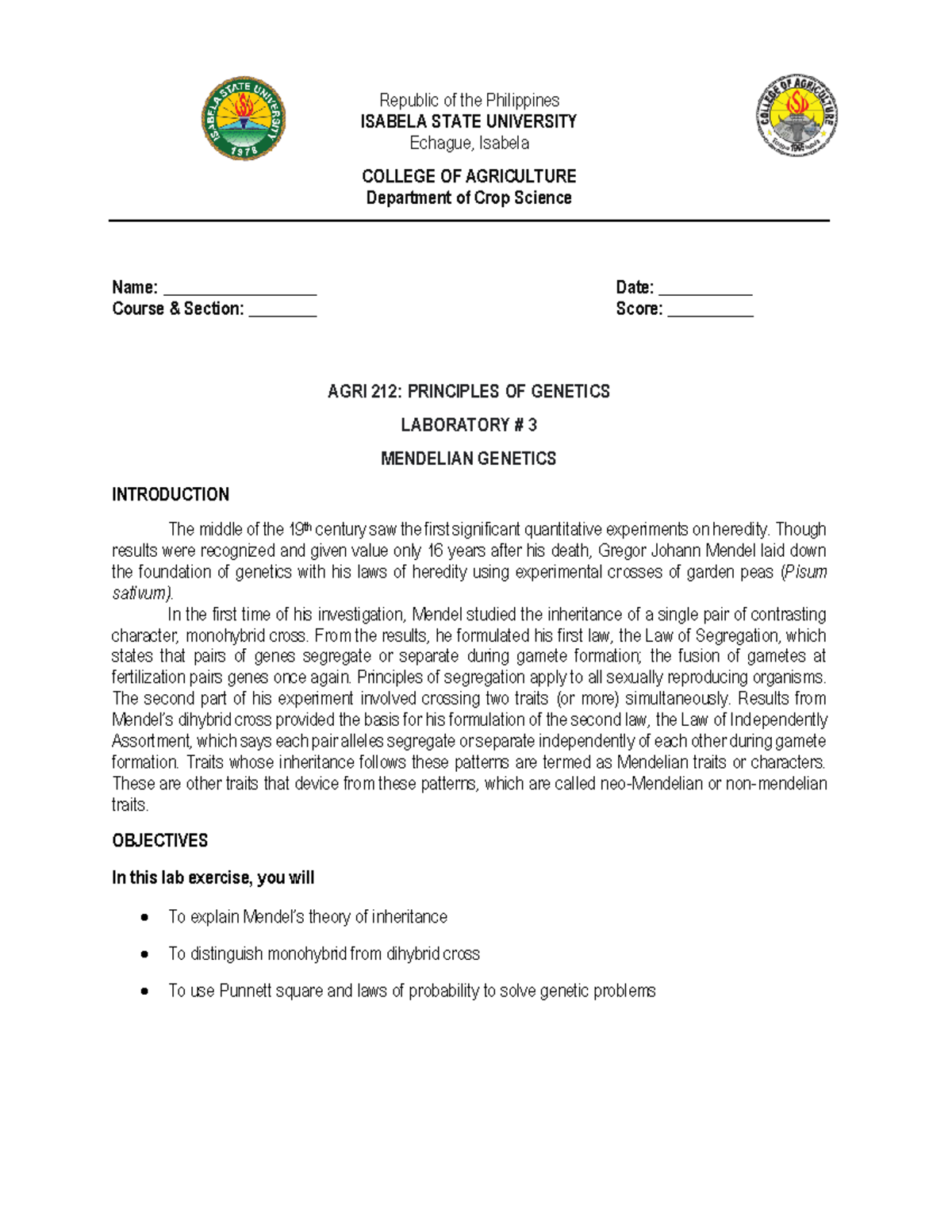 Laboratory-3 - For Agriculture student only - Republic of the Philippines ISABELA STATE ...