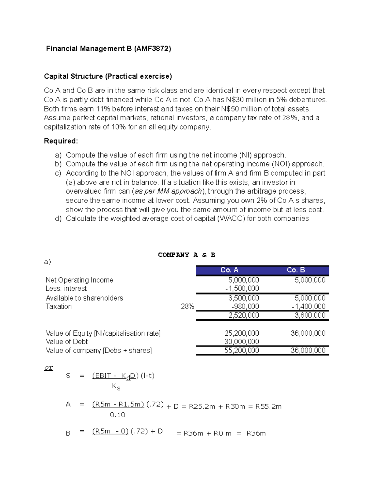 Capital Structure Class Exercise - Financial Management B (AMF3872 ...