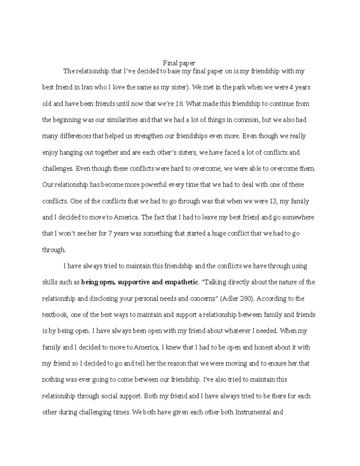 Final essay on a specific communication relationship - Final paper The ...