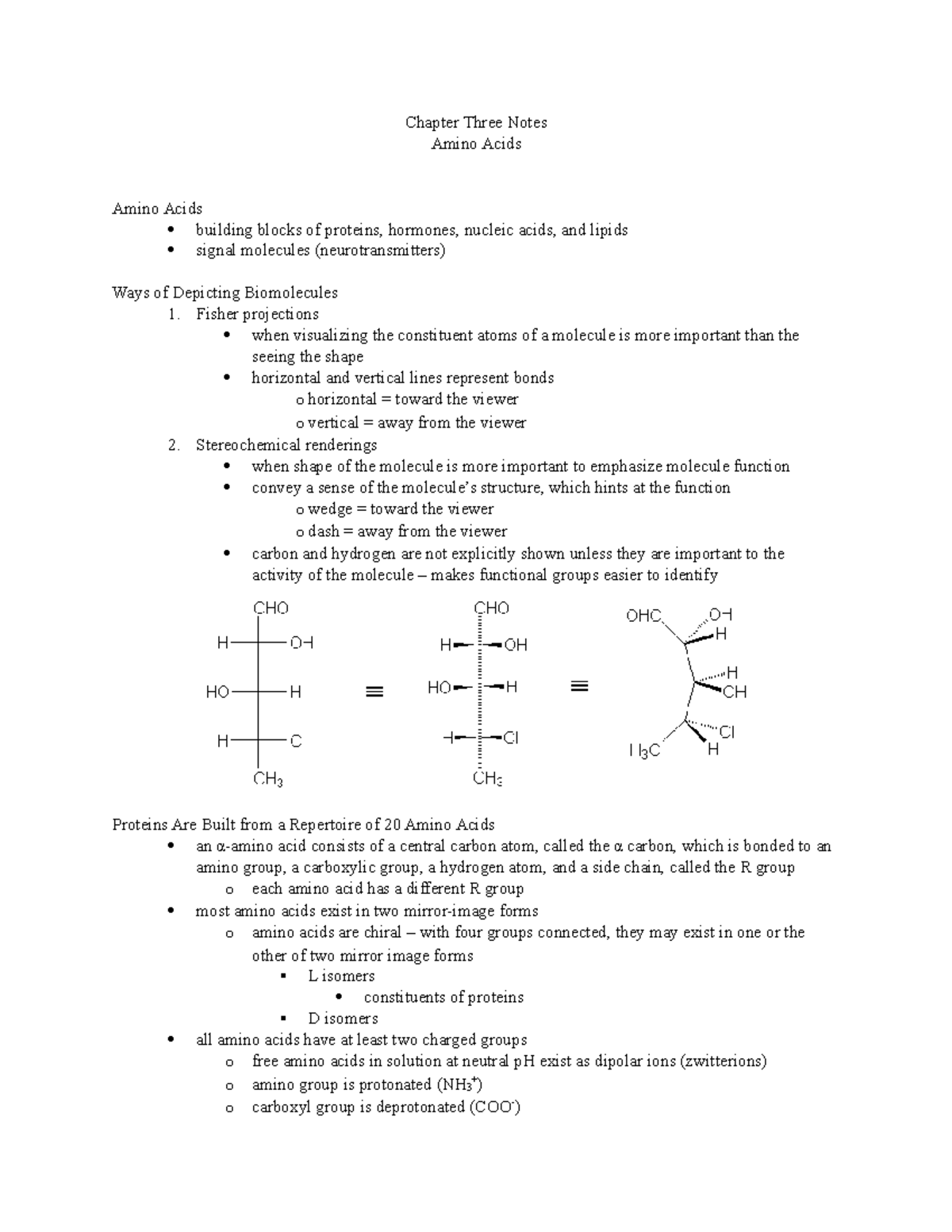 Ch Three (TBS) Notes - Amino Acids - Chapter Three Notes Amino Acids ...