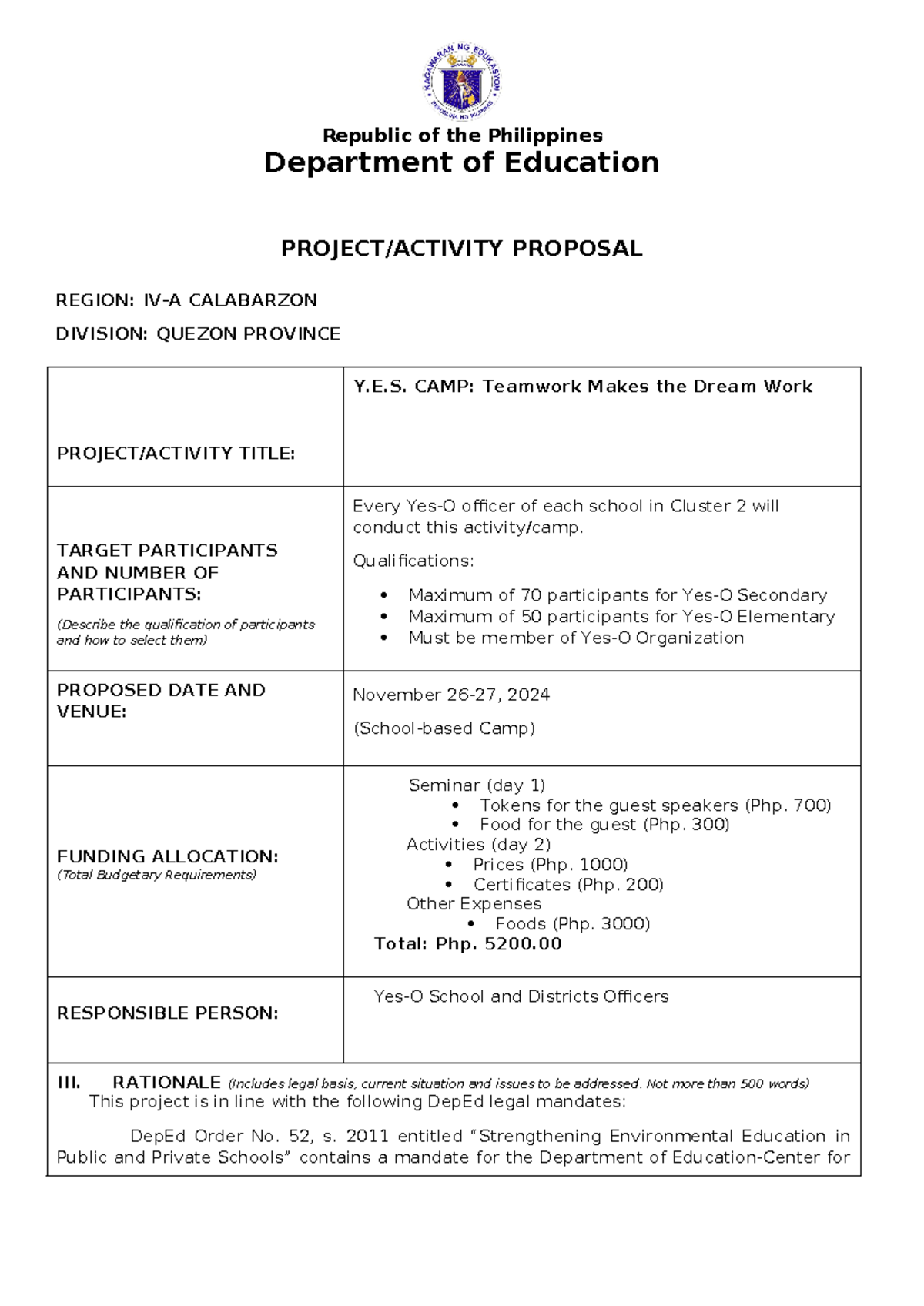 Cluster Project Proposal - Republic of the Philippines Department of ...
