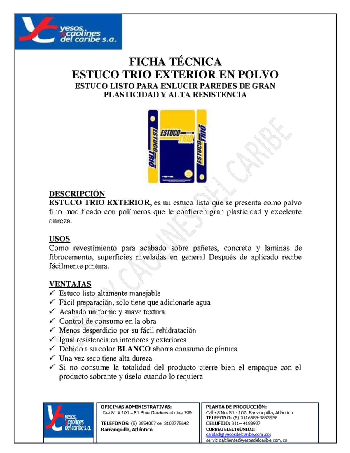 Estuco Trio - FICHA TÉCNICA ESTUCO TRIO EXTERIOR EN POLVO ESTUCO LISTO ...