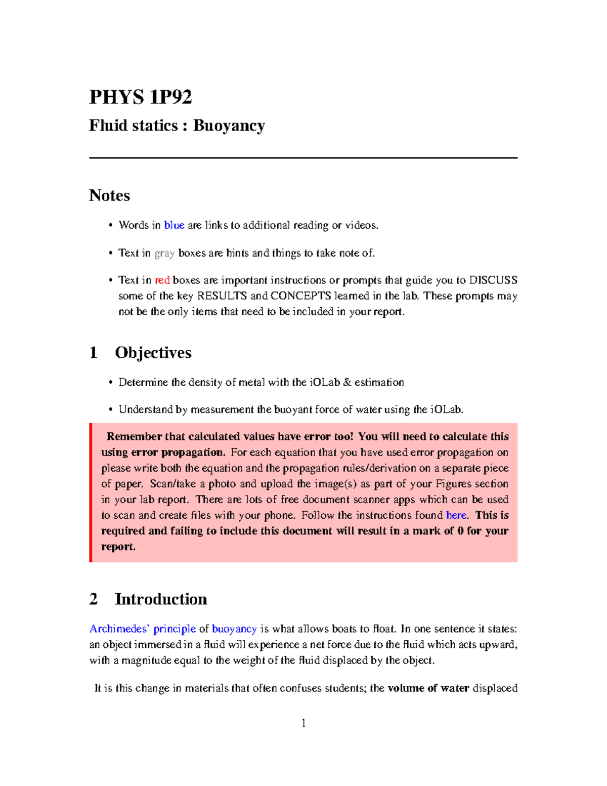 PHYS 1P92 Lab3 Fluid Statics-Buoyancy - PHYS 1P Fluid statics ...