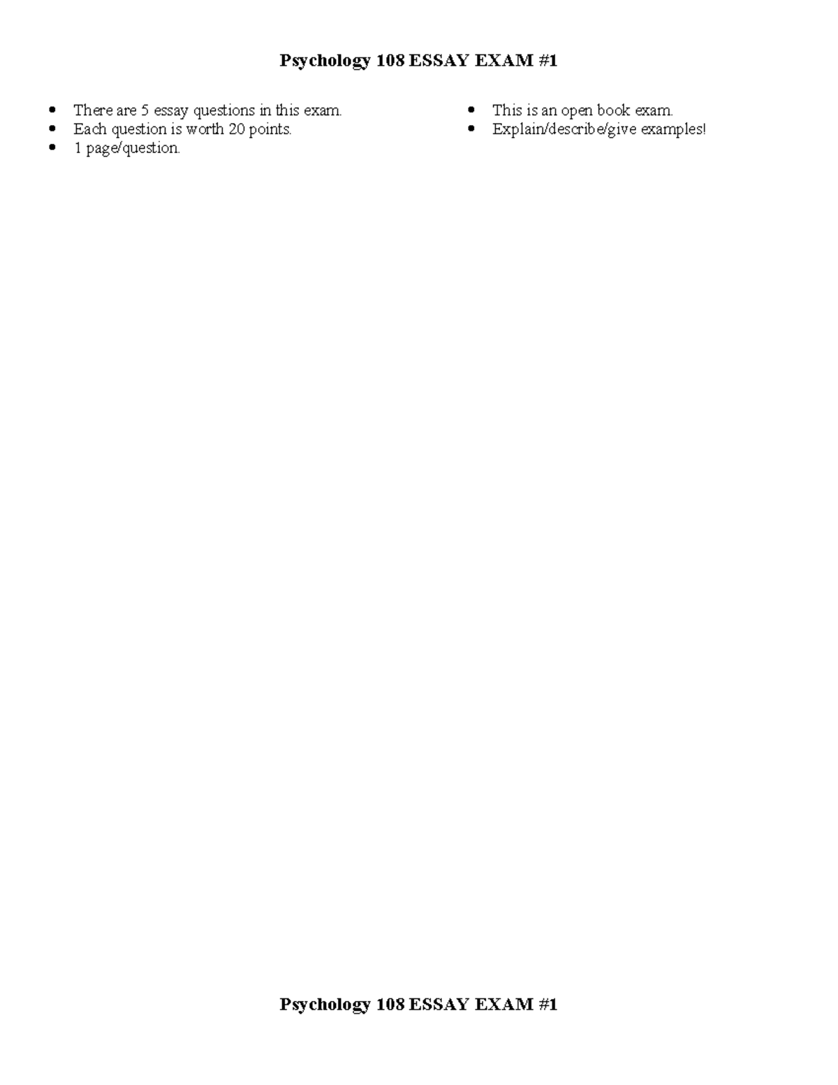 1 Psych 108 ERoss EXAM#1 - PSY108 - Psychology 108 ESSAY EXAM There are ...