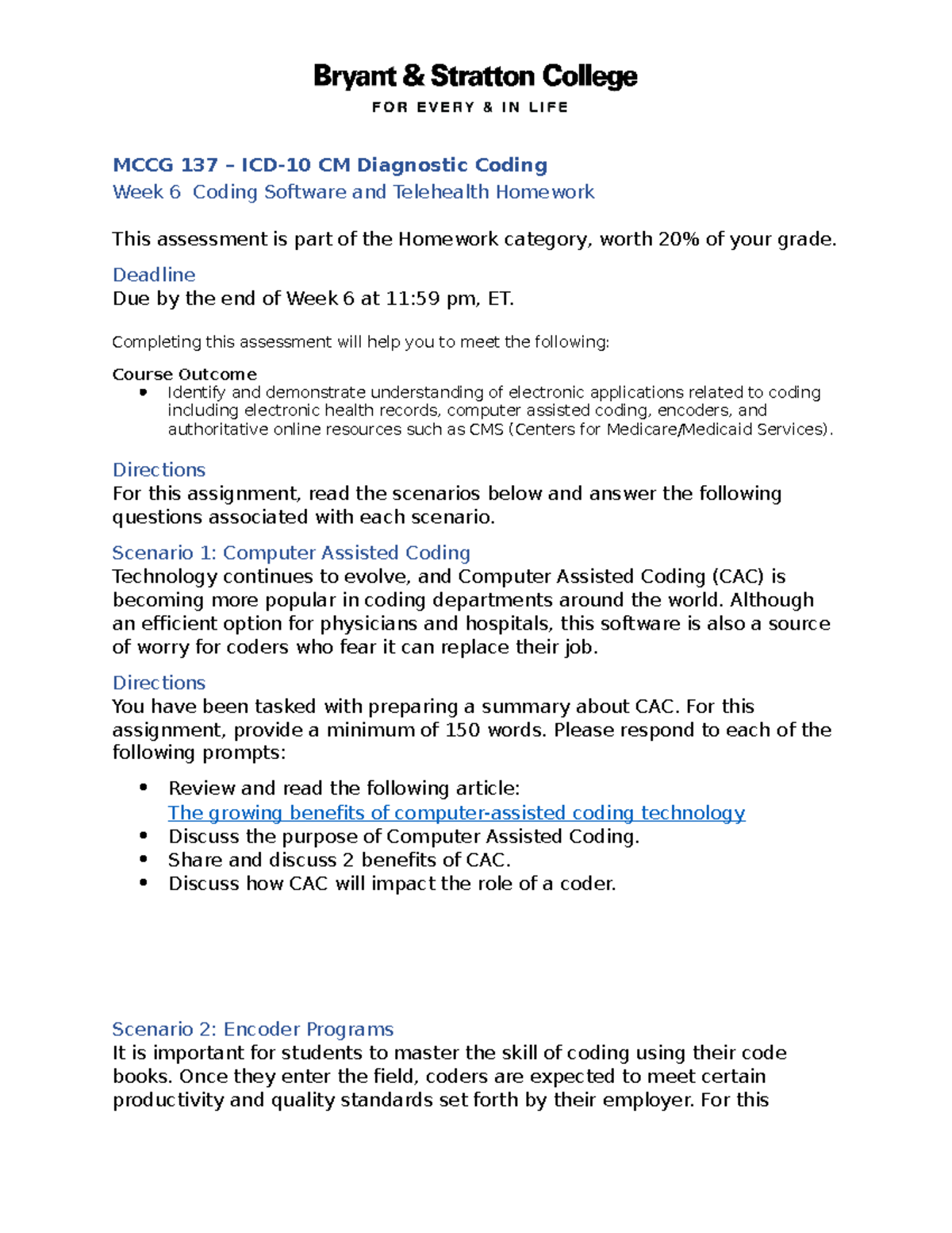 MCCG137 - W6 Coding Software and Telehealth Homework Assignment - MCCG 137 – ICD-10 CM ...