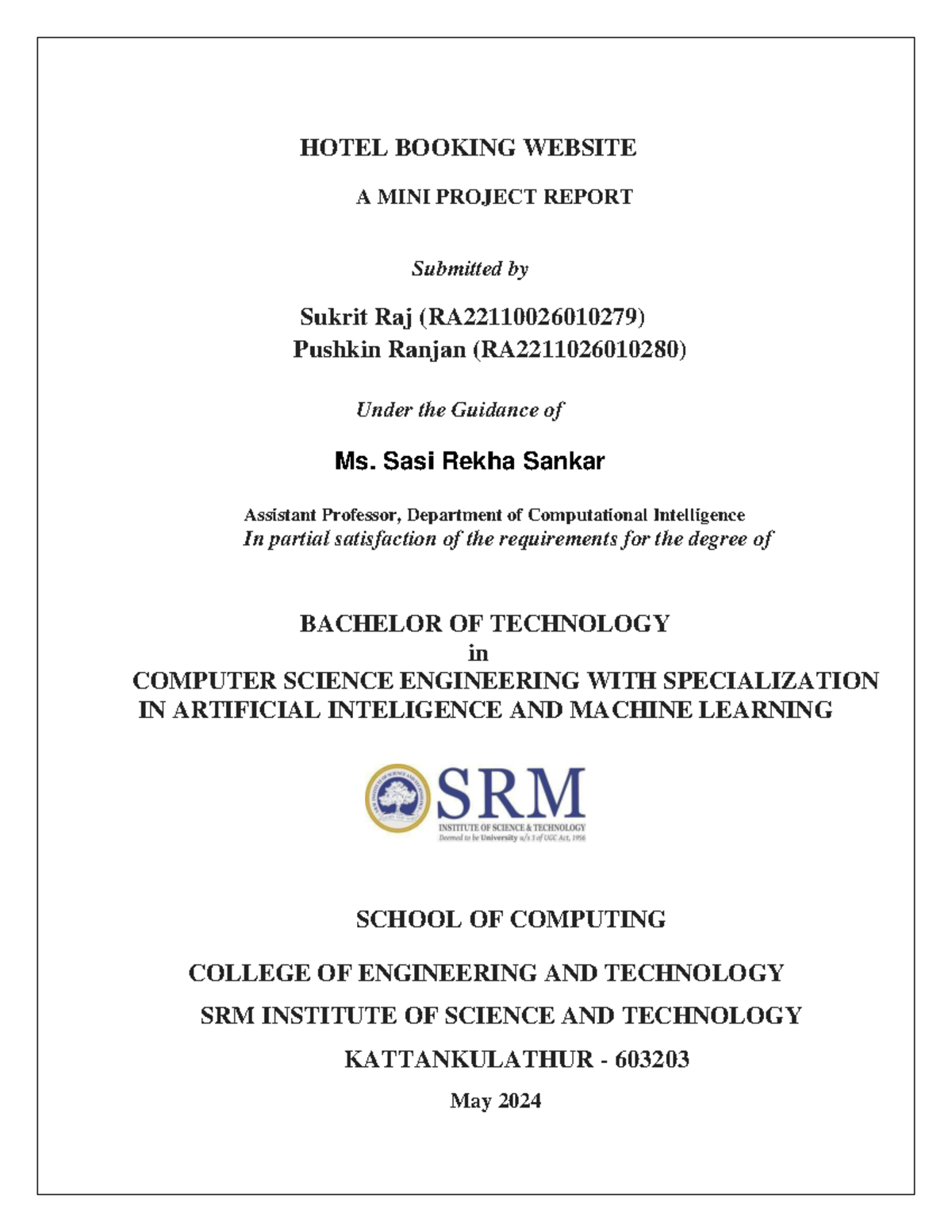 Reeport - report - HOTEL BOOKING WEBSITE A MINI PROJECT REPORT ...