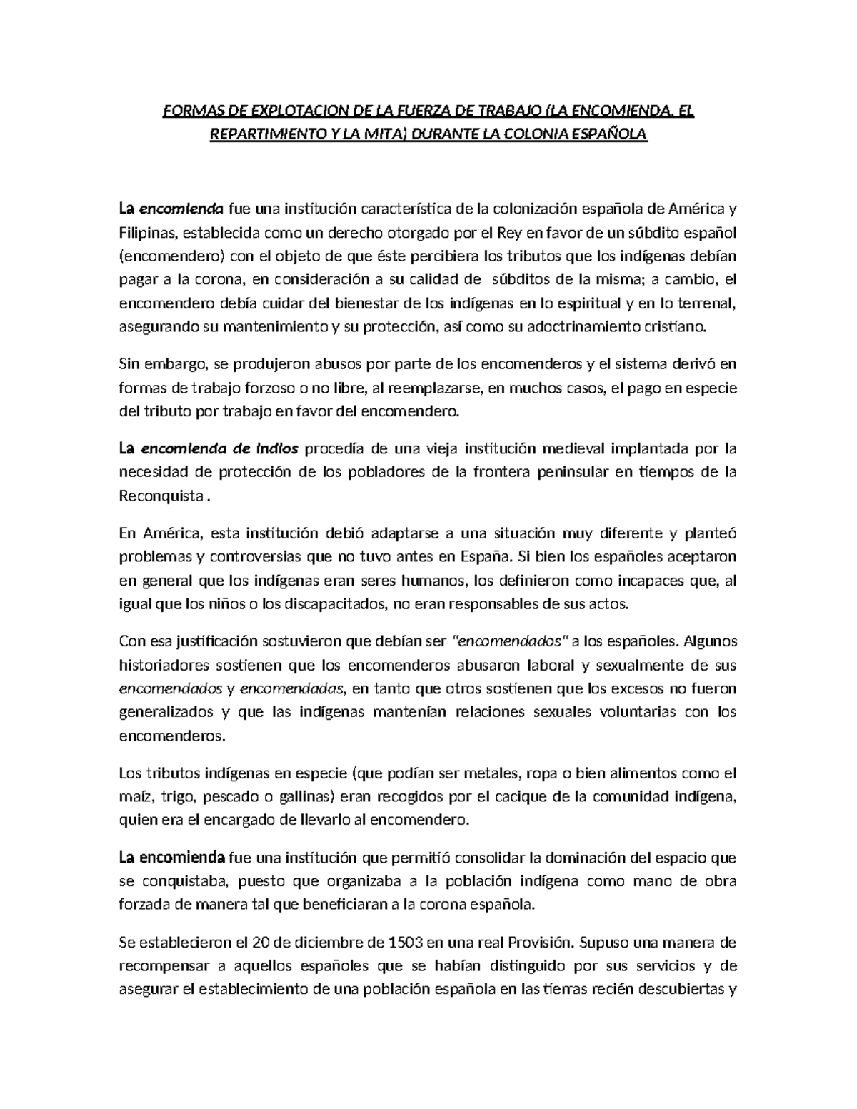 GUIA 5 LA Encomienda EL Repartimiento Y LA MITA - FORMAS DE EXPLOTACION ...