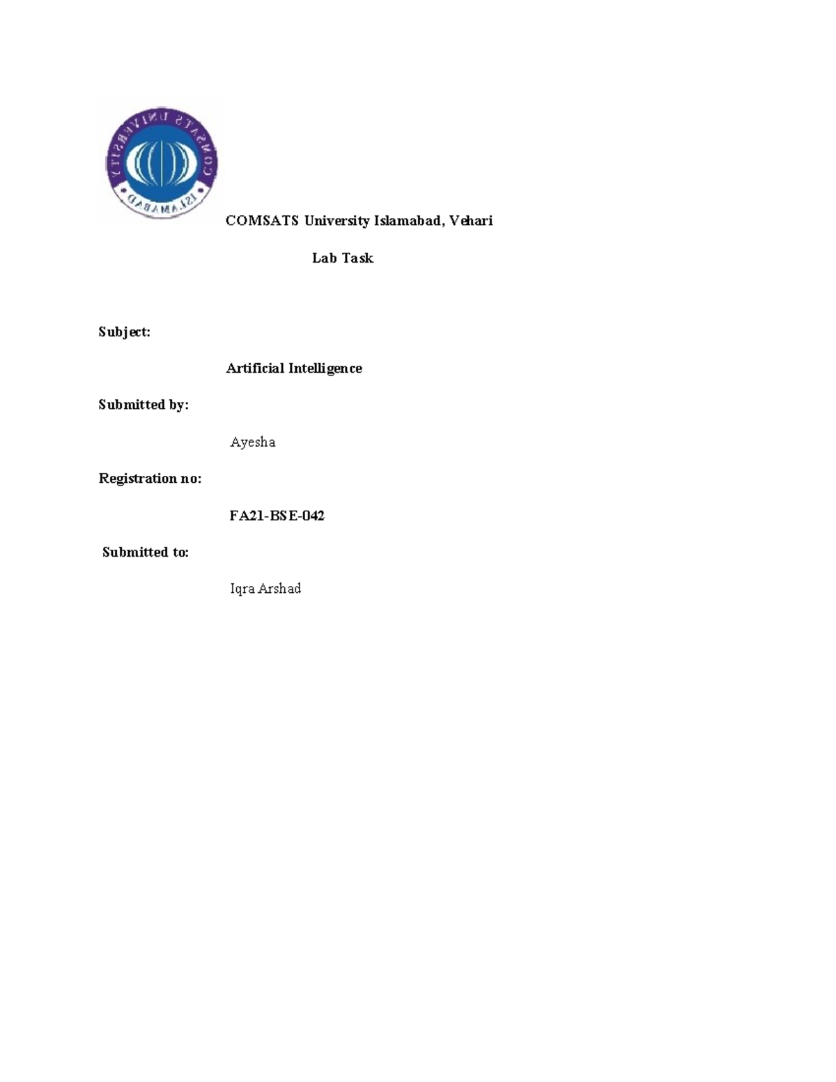 Titanic lab task - helpful - Artificial Intelligence - COMSATS ...