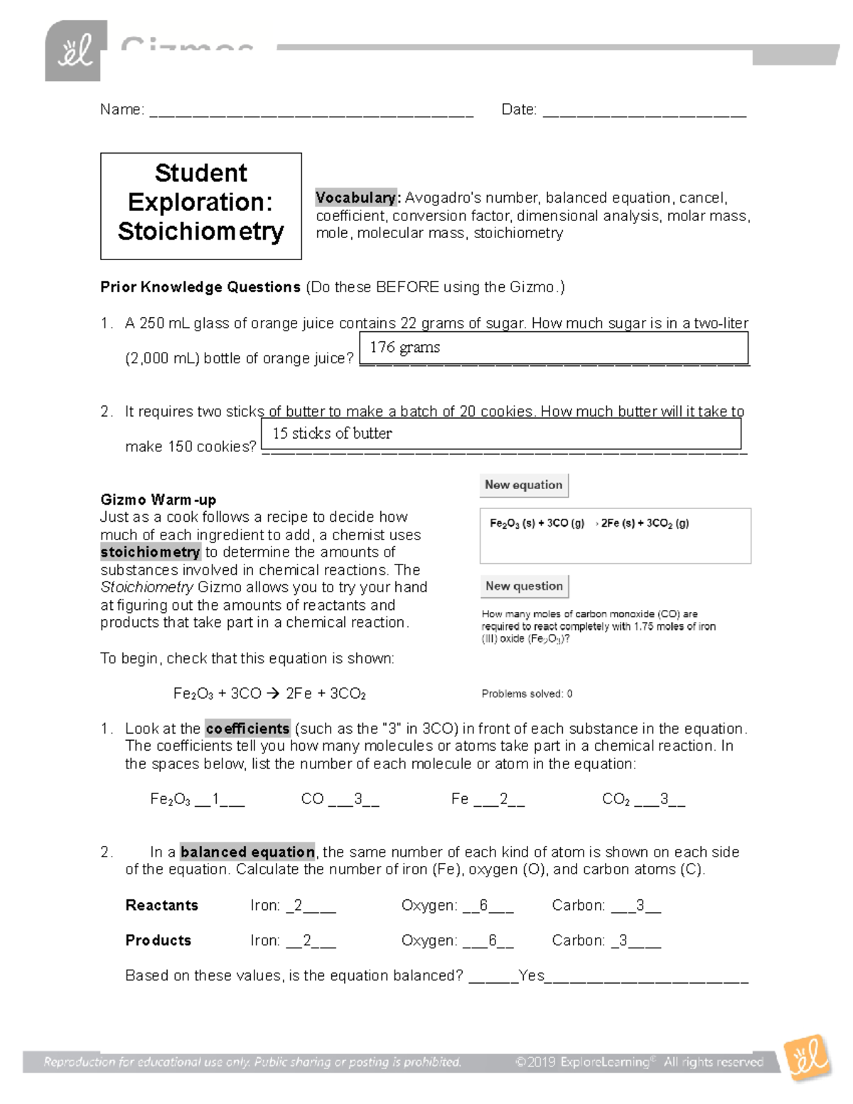 Student Exploration Stoichiometry - Name ...