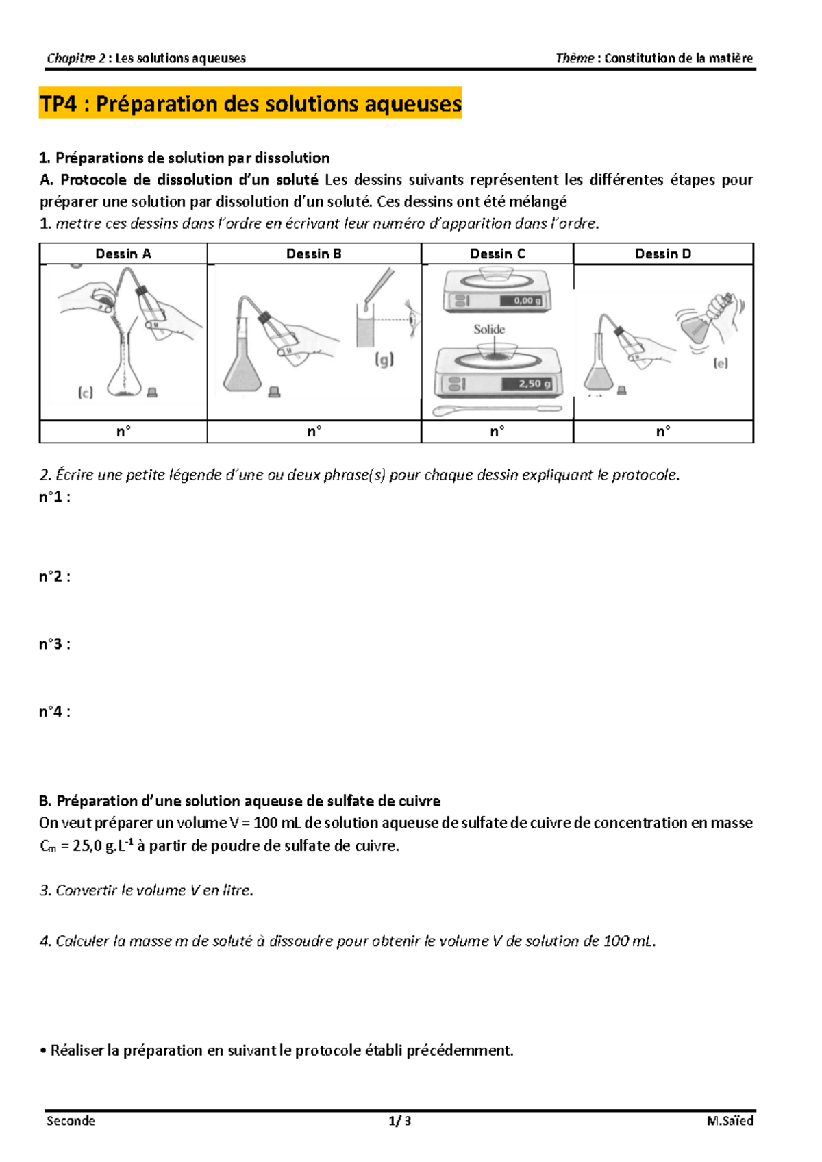 Chapitre 2 TP4 Solution aqueuse 2 - Chapitre 2 : Les solutions aqueuses Thème : Constitution de ...