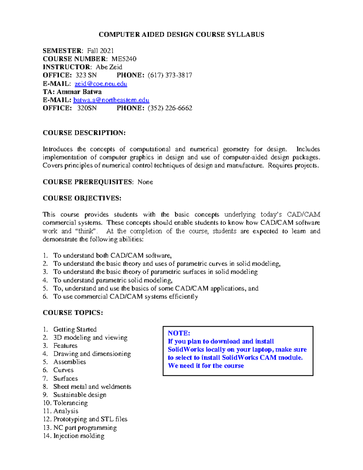 CADM Syllabus - COMPUTER AIDED DESIGN COURSE SYLLABUS SEMESTER: Fall ...