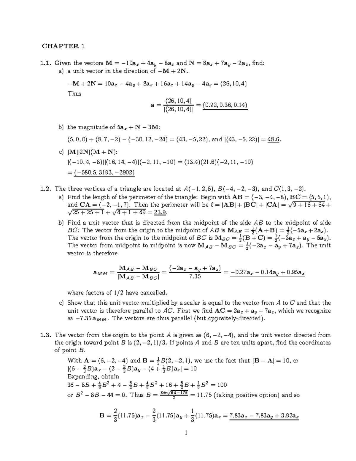 Ch1 Engineering Electromagnetics 7th - CHAPTER 1 1.1 the vectorsM=− 10 ...
