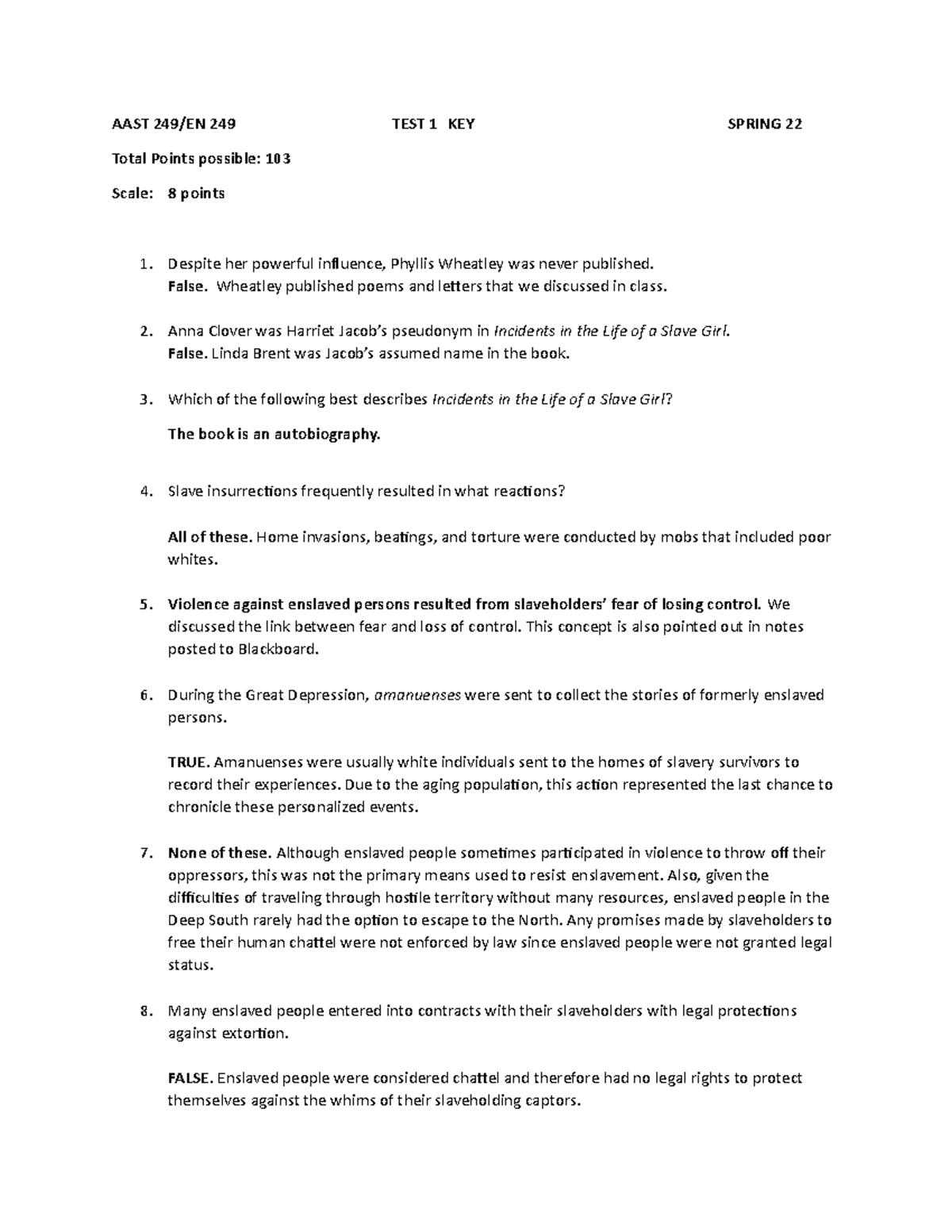 Test 1 Key - Test key for AAST 249. - AAST 249/EN 249 TEST 1 KEY SPRING ...