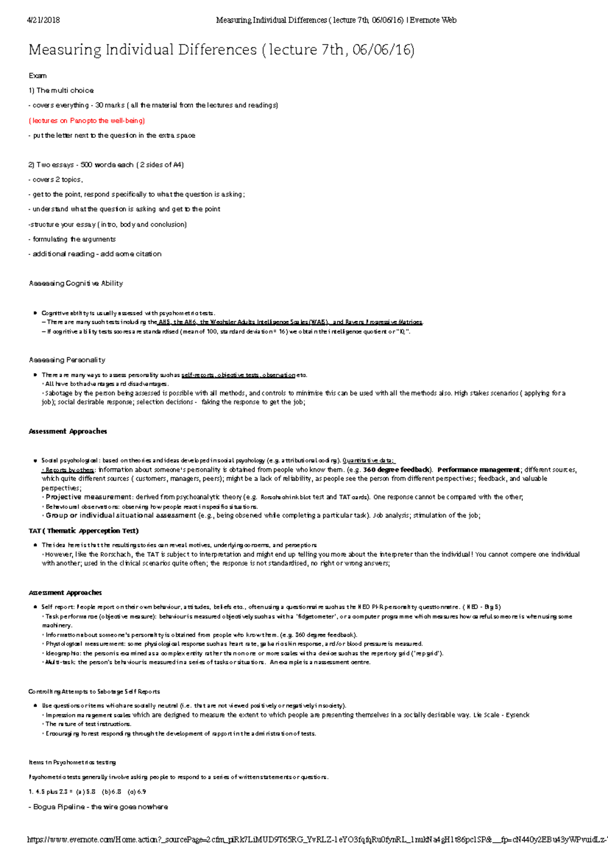 Measuring Individual Differences lecture notes 7th, 06 06 16) Evernote ...