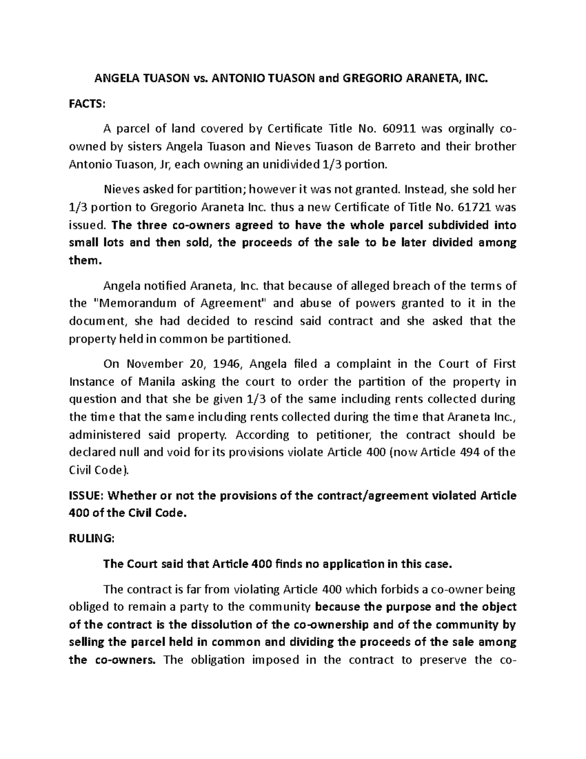 Tuason vs. Tuason Digest - ANGELA TUASON vs. ANTONIO TUASON and ...