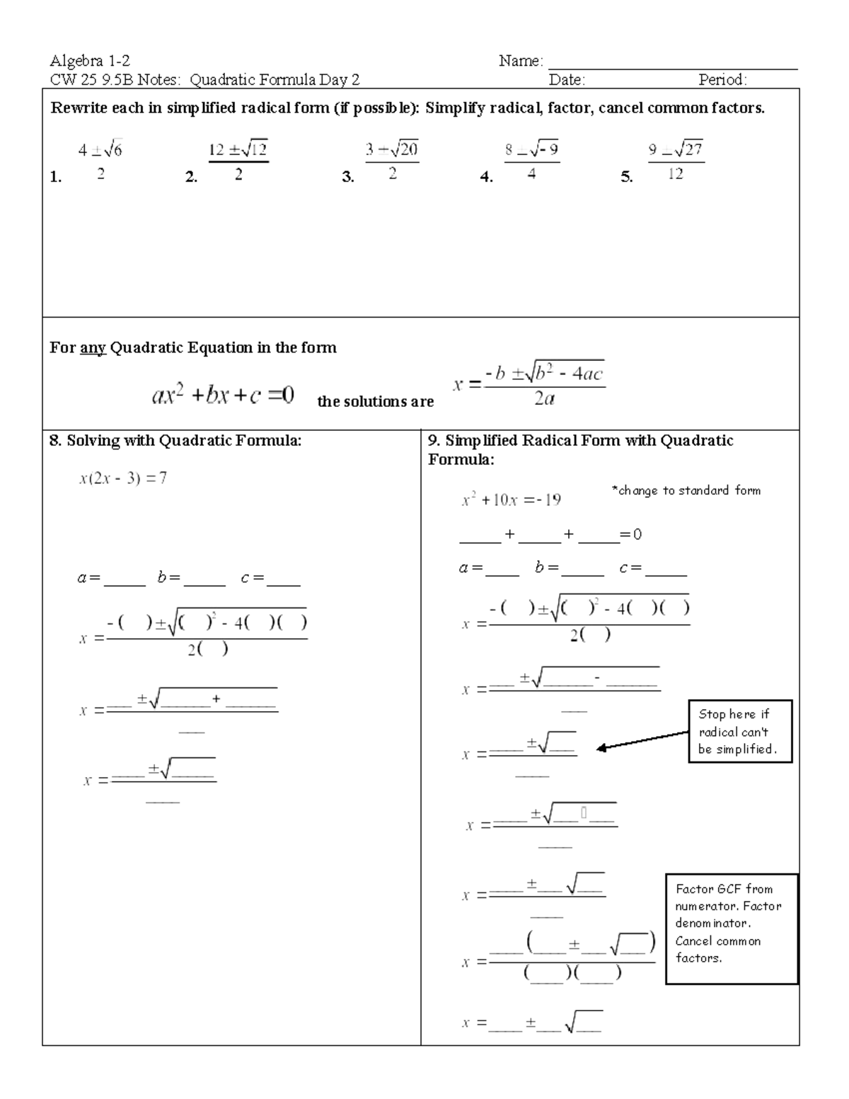 9.5 B Notes and HW 2 - Biology homework - Algebra 1-2 Name
