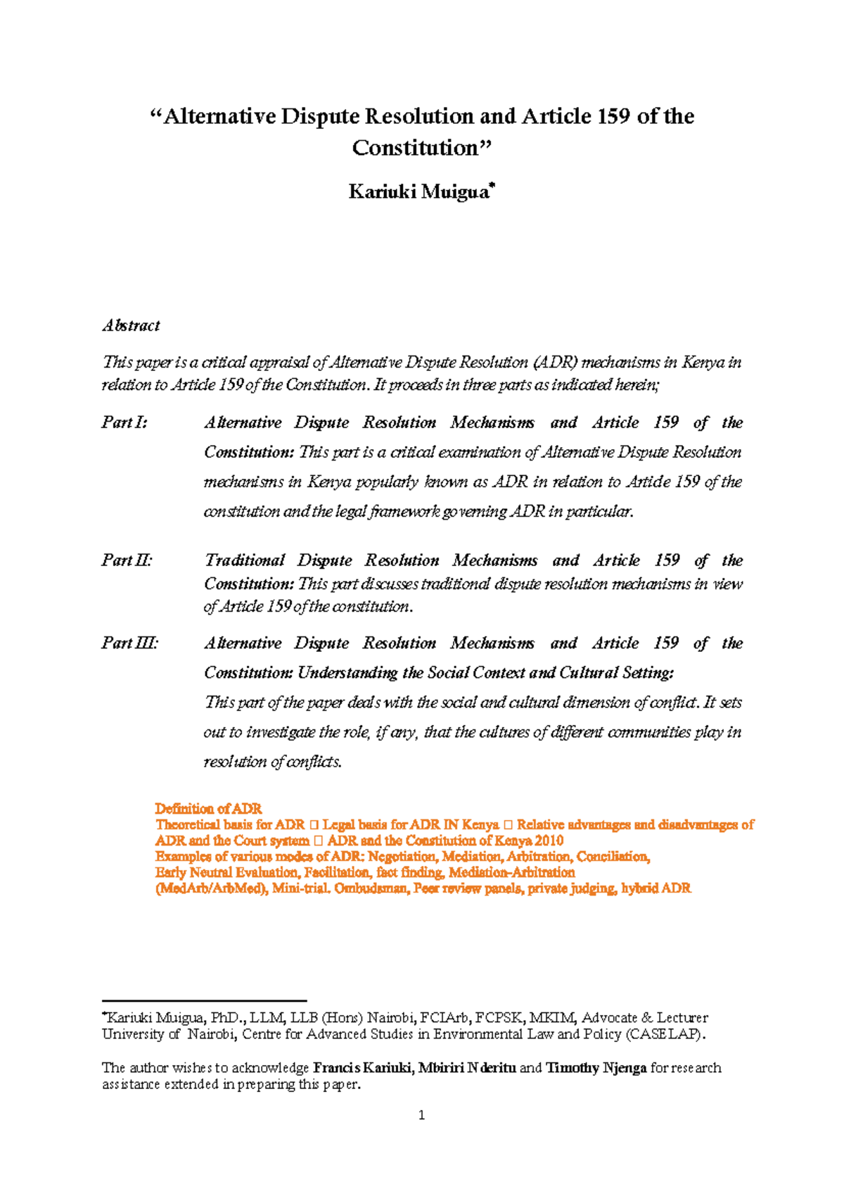 A Paper ON ADR AND Article 159 OF Constitution - “Alternative Dispute ...