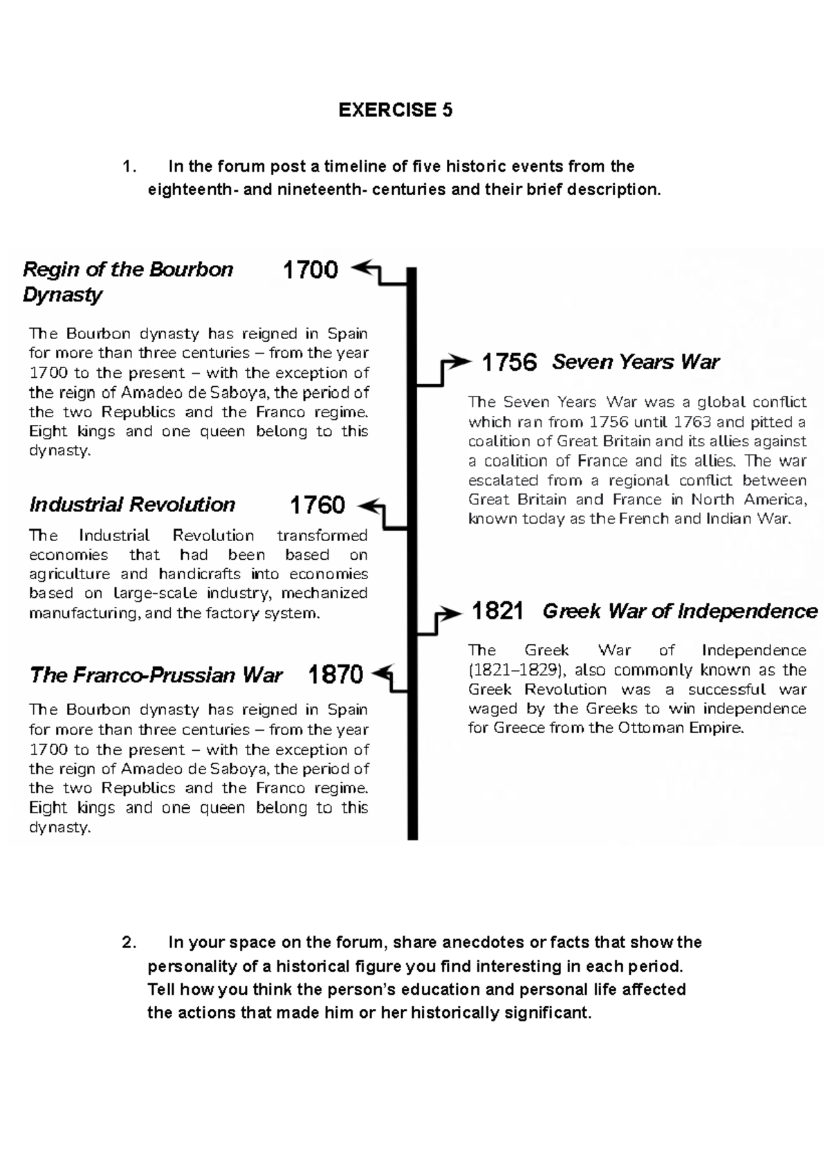 Exercise 5 - EXERCISE 5 In the forum post a timeline of five historic ...