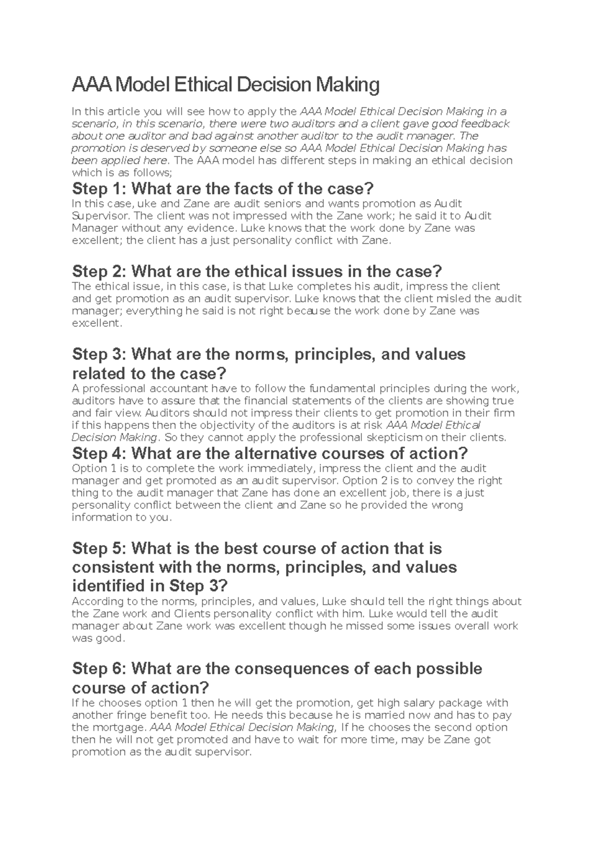 AAA Model Ethical Decision Making Better Two - AAA Model Ethical ...