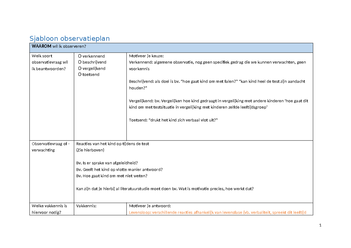 Observatieplan (ingevuld les) - Sjabloon observatieplan WAAROM wil ik ...