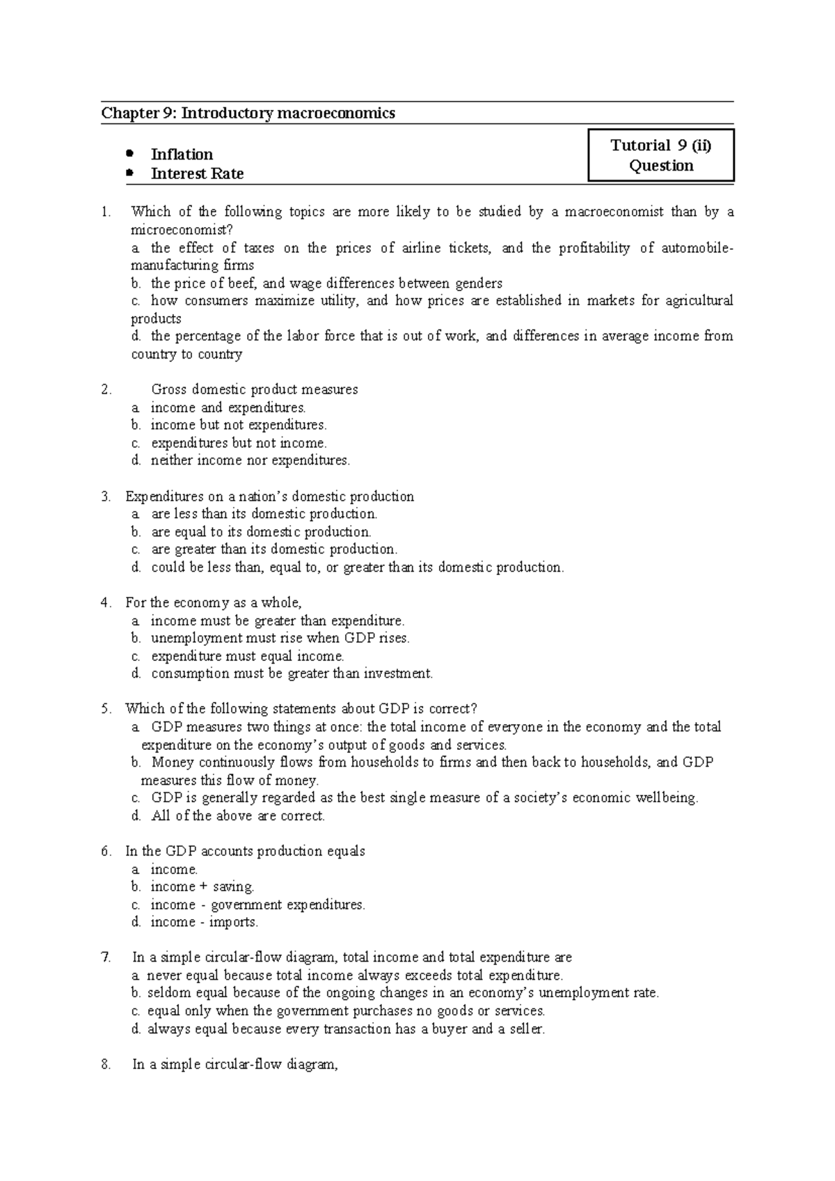 X Tutorial 9ii (Ques)-Inflation, Int Rate - Chapter 9: Introductory ...