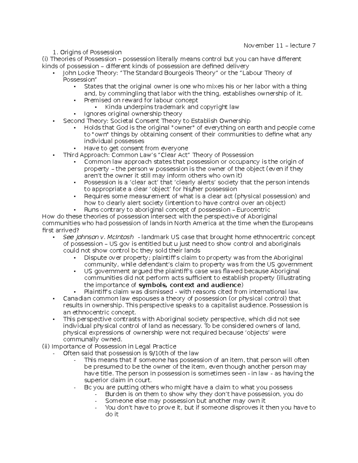 Class Note: Lecture f - November 11 – lecture 7 Origins of Possession ...