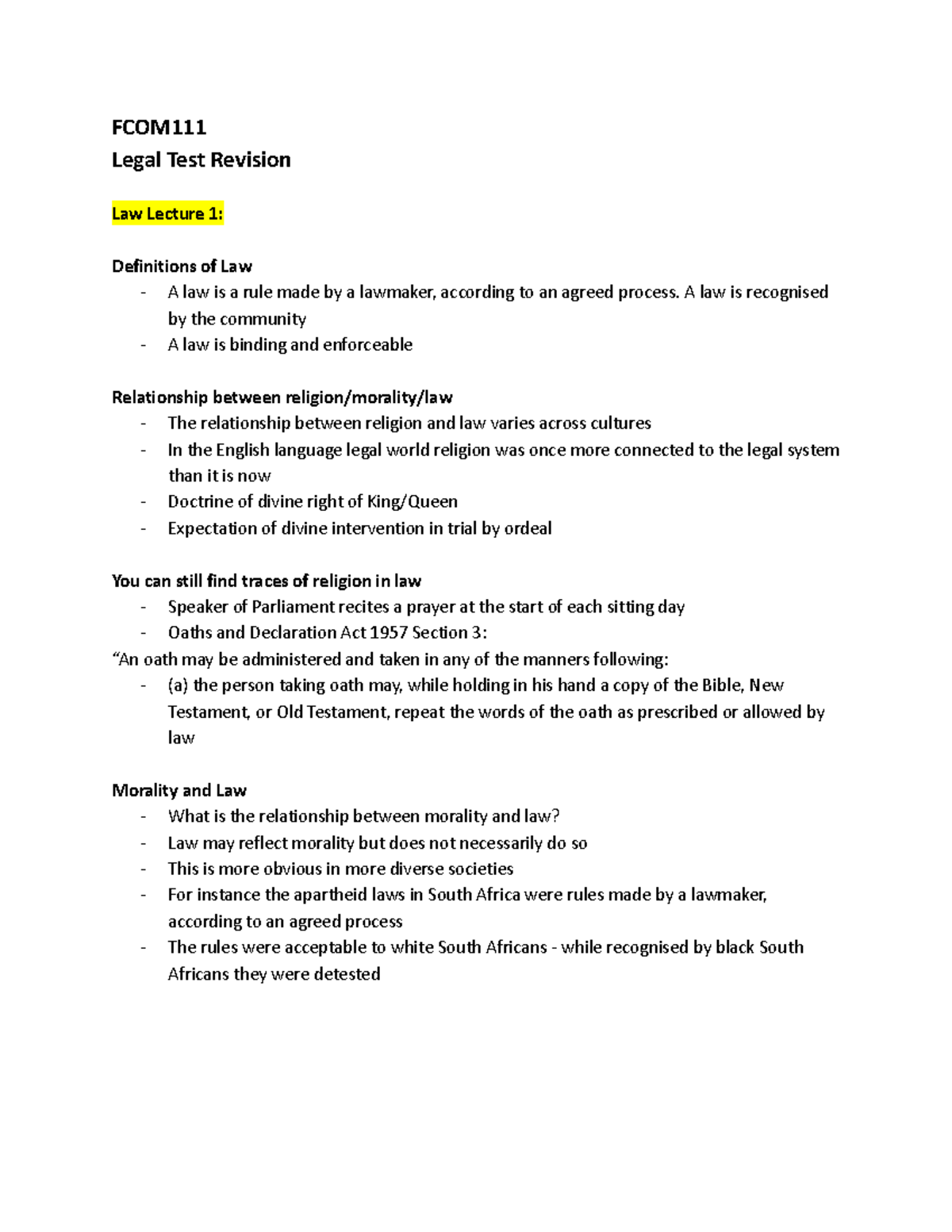 Legal Test Revision - FCOM111 - FCOM Legal Test Revision Law Lecture 1 ...