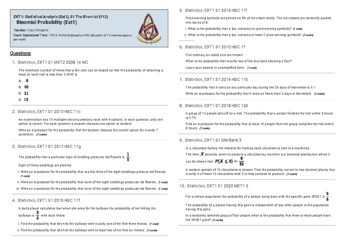 2021 Binomial probability past HSC Q&A - 1. Statistics, EXT1 S1 MET2 2008 14 MC 2. Statistics ...