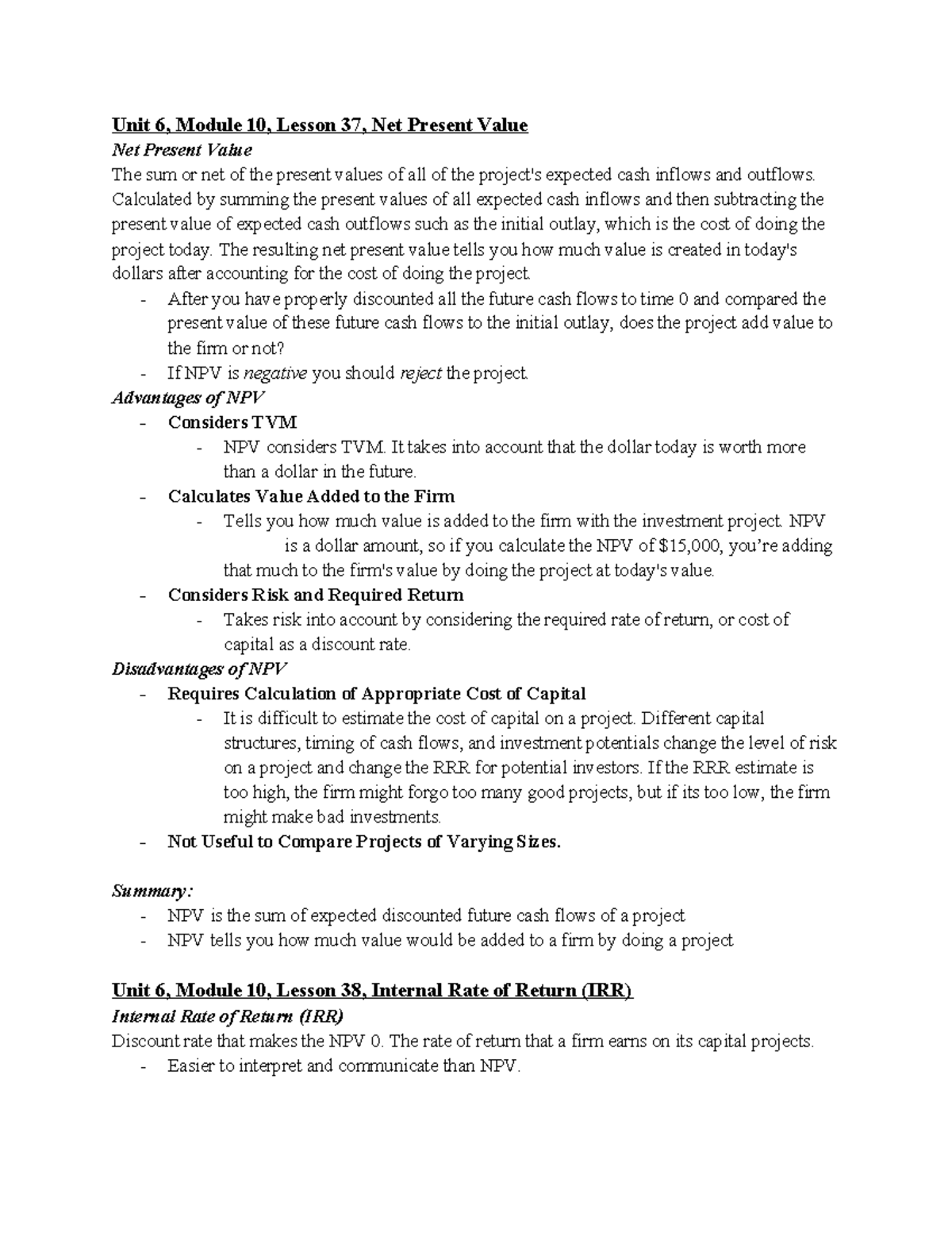D076 Mod 10 Notes - Unit 6, Module 10, Lesson 37, Net Present Value Net ...