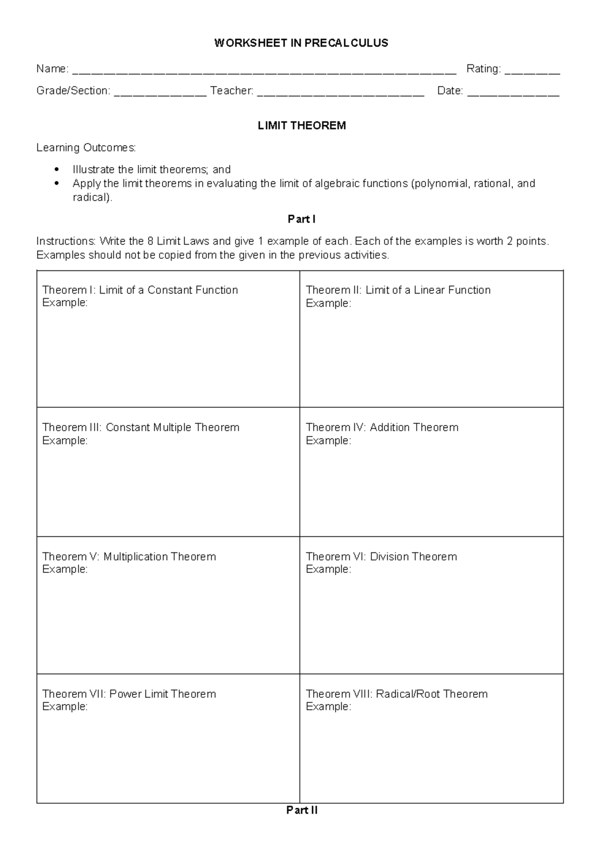 Activity 1 - Limit Theorem - WORKSHEET IN PRECALCULUS Name: - Studocu