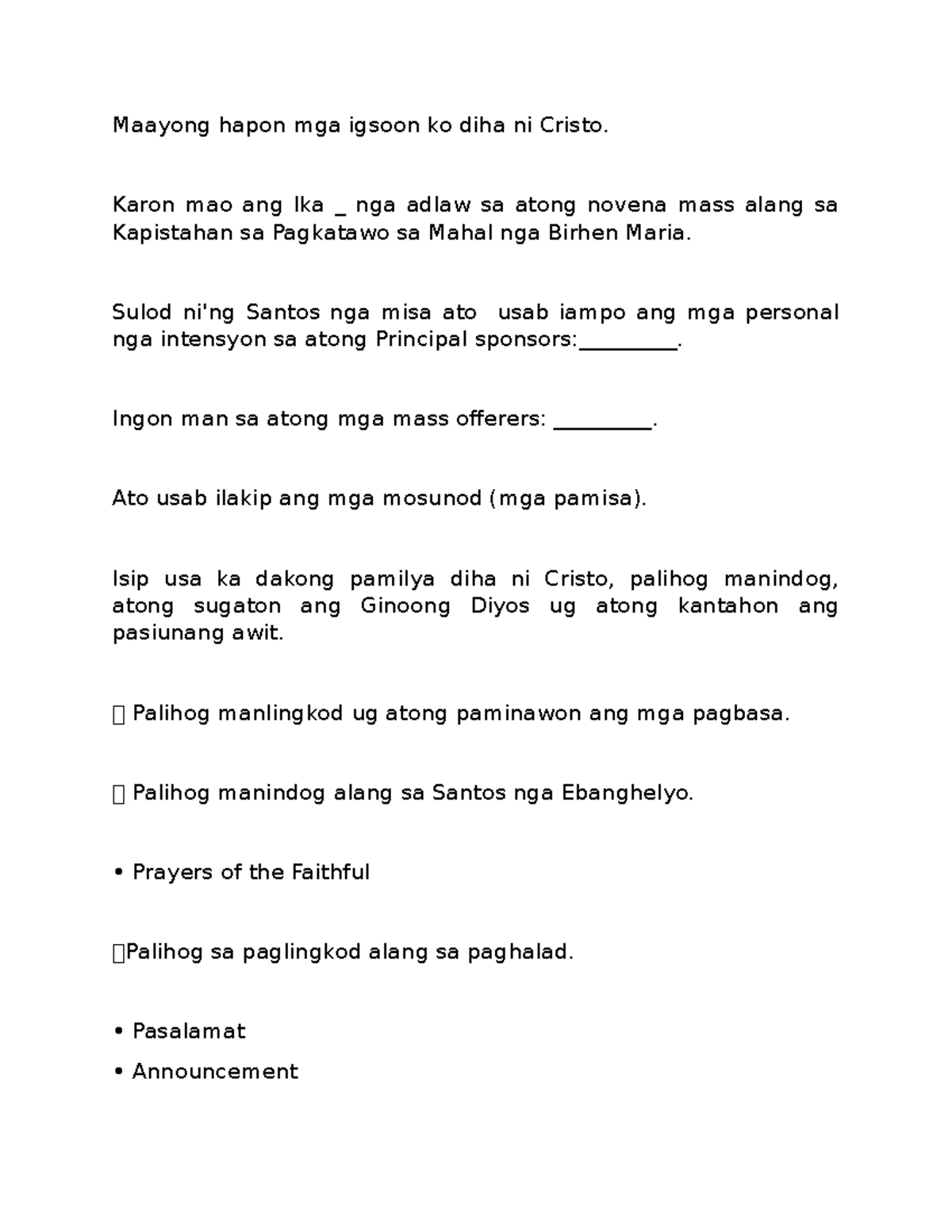 Intro for novena mass - notes - Maayong hapon mga igsoon ko diha ni ...