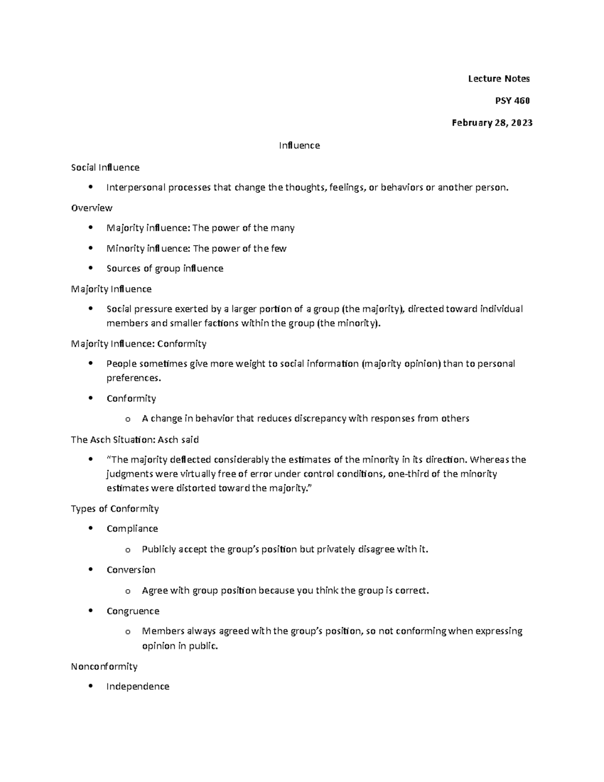 9. Influence - Notes taken from the professors class. - Lecture Notes ...