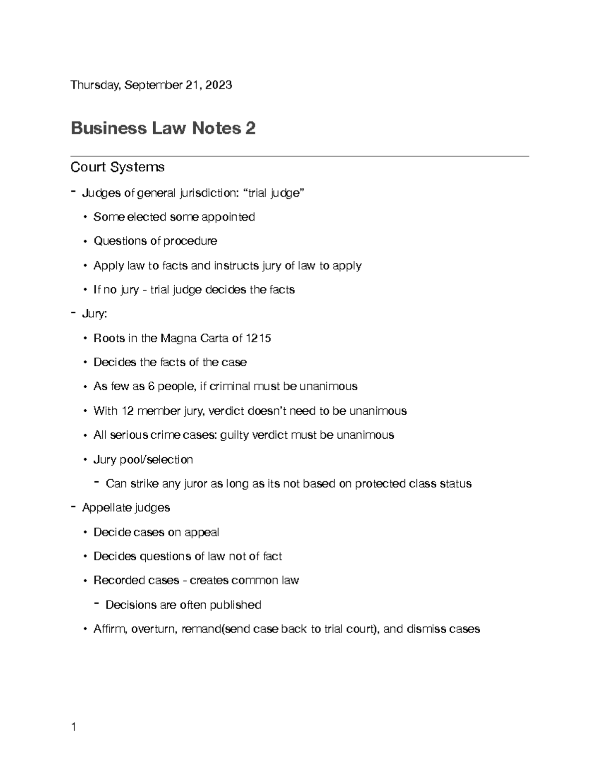 Business Law Notes 2 - Thursday, September 21, 2023 Business Law Notes ...