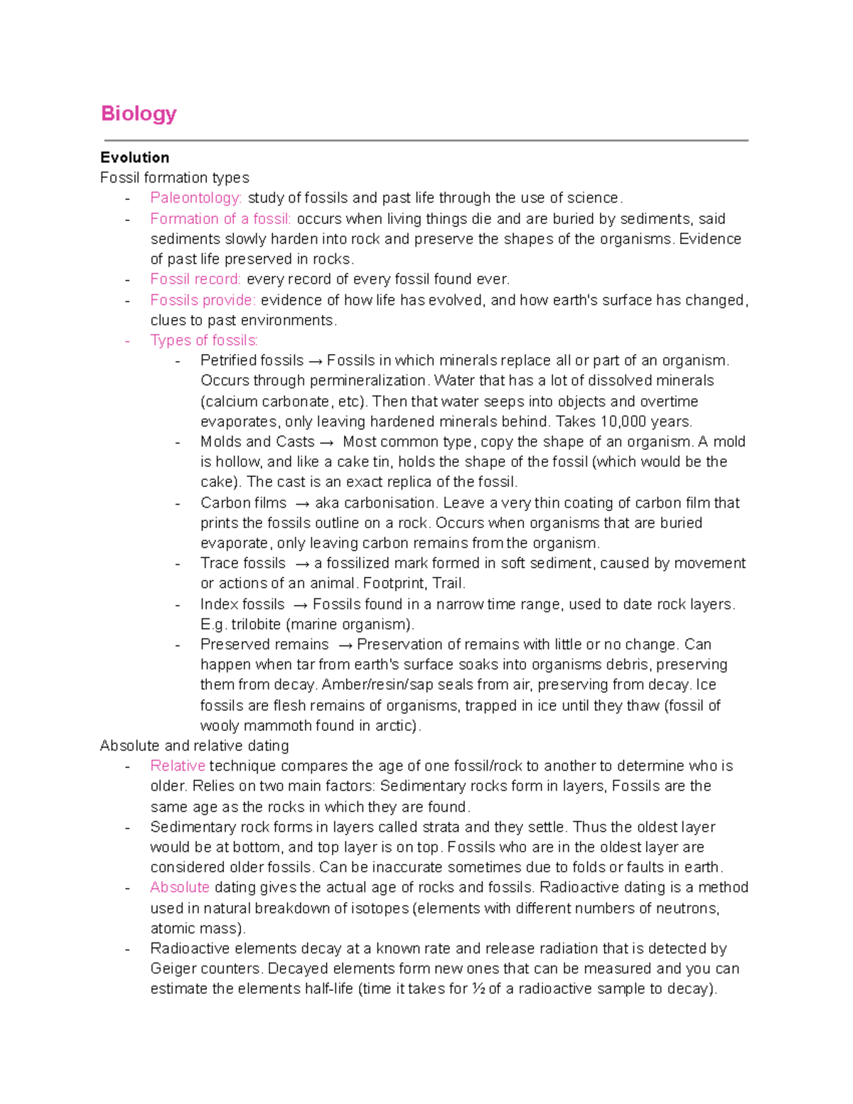BIO yearlys 10 - Biology Evolution Fossil formation types ...