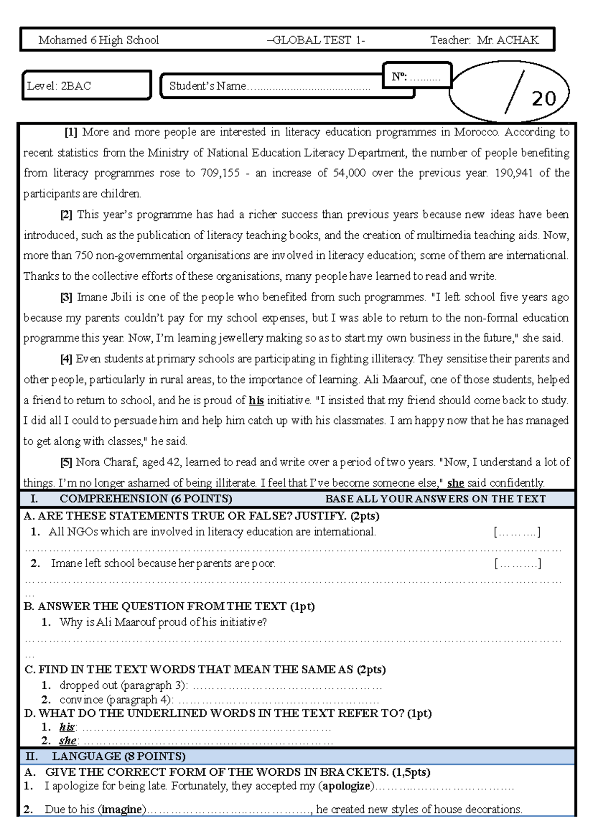 Global TEST 2BAC - This is an exam for students who want to test their ...