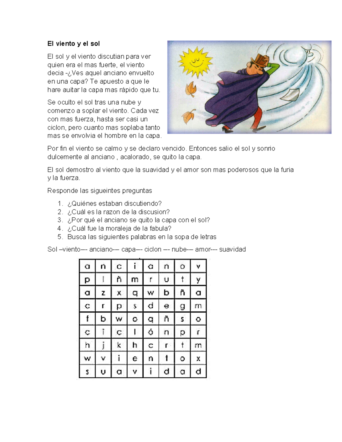 Lectura segundo - El viento y el sol El sol y el viento discutian para ...